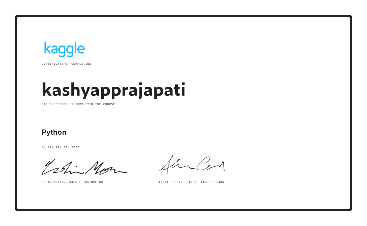 KASHYAP PRAJAPATI completed the Python course on Kaggle!