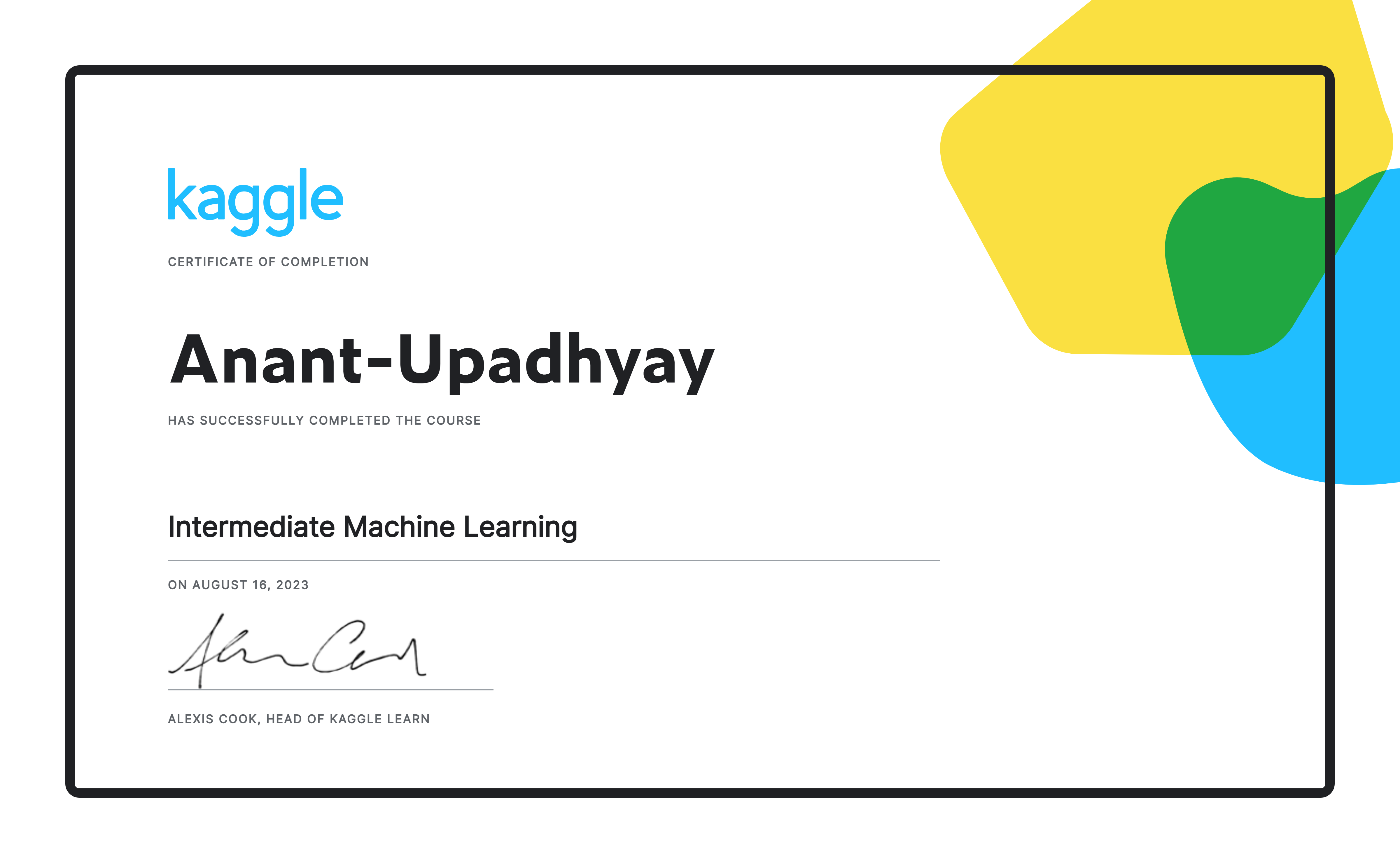Anant-Upadhyay completed the Intermediate Machine Learning course on Kaggle!