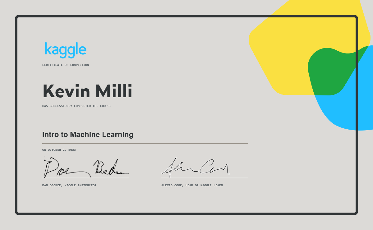 Kevin Milli completed the Intro to Machine Learning course on Kaggle!