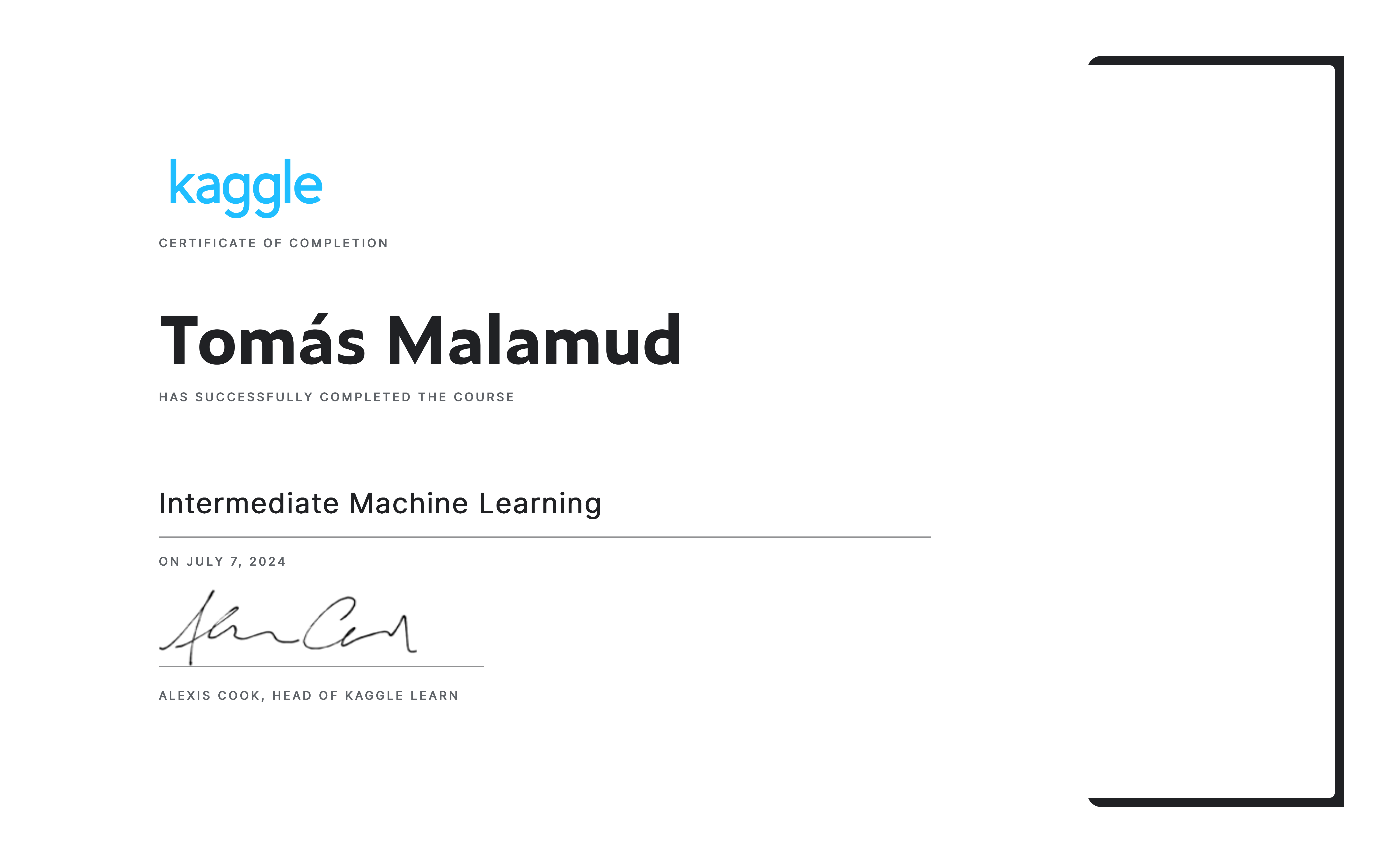 Tomás Malamud completed the Intermediate Machine Learning course on Kaggle! Tomás Malamud completed the Intermediate Machine Learning course on Kaggle!