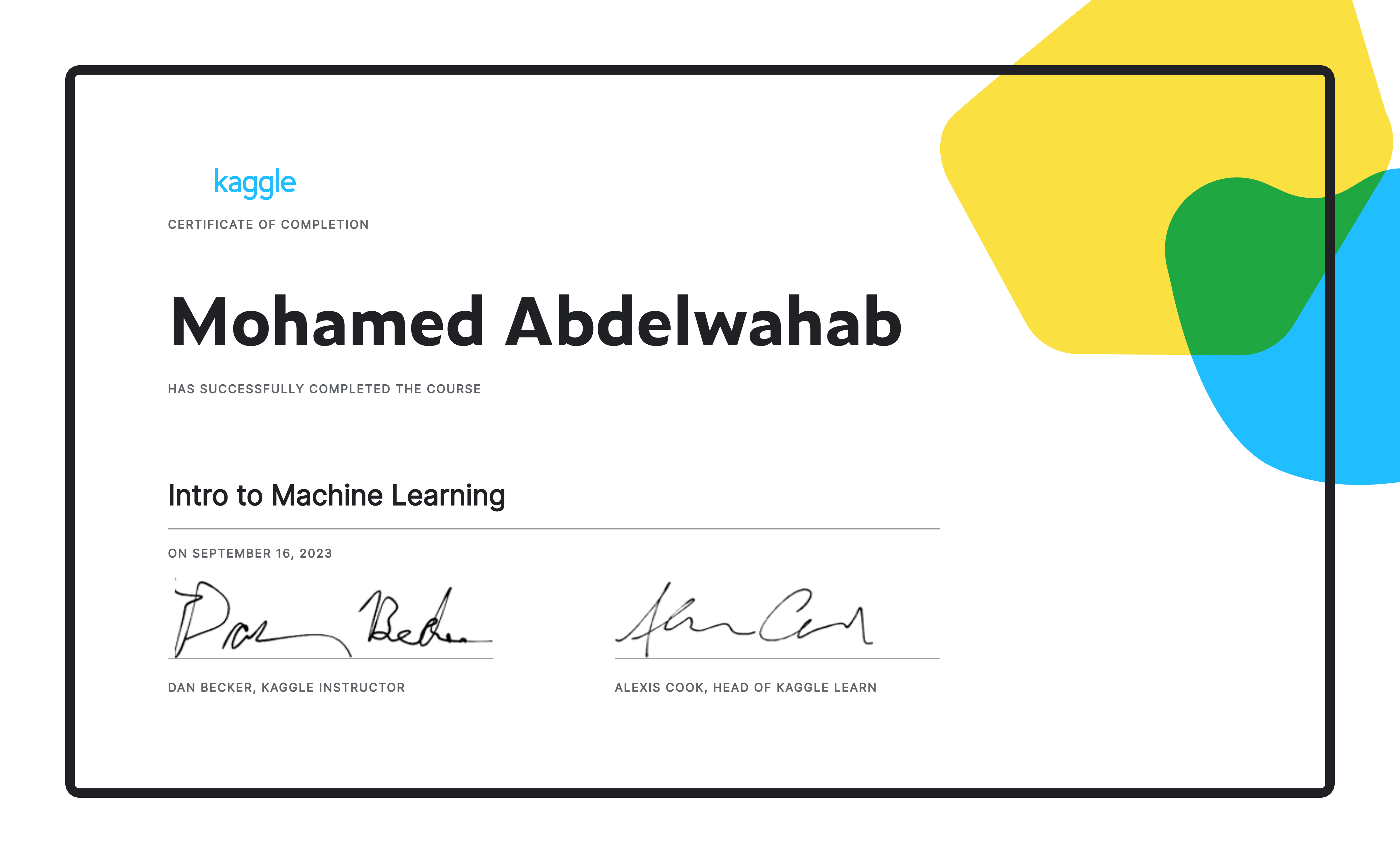 Mohamed Abdelwahab completed the Intro to Machine Learning course on Kaggle!