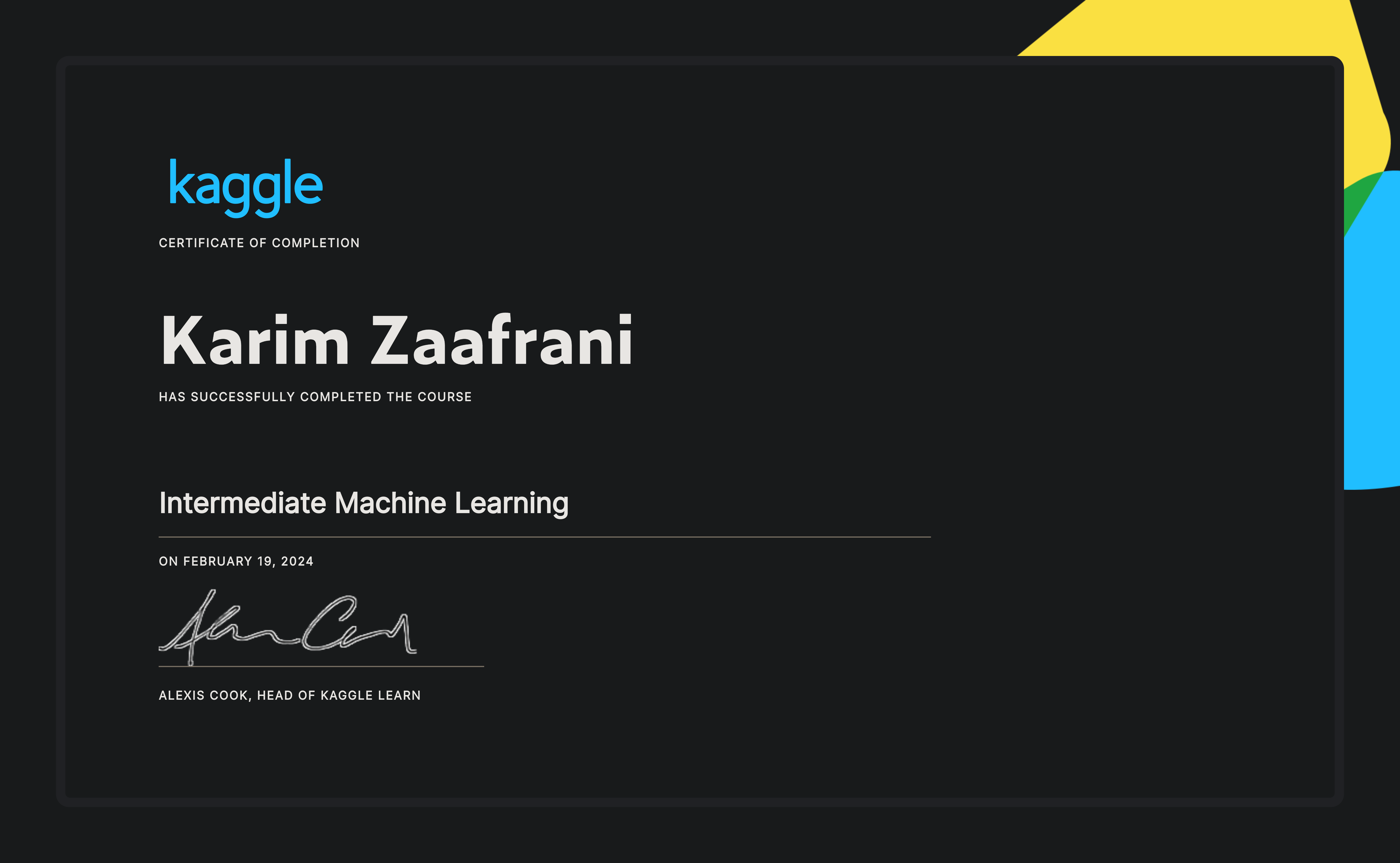 Karim Zaafrani completed the Intermediate Machine Learning course on Kaggle!