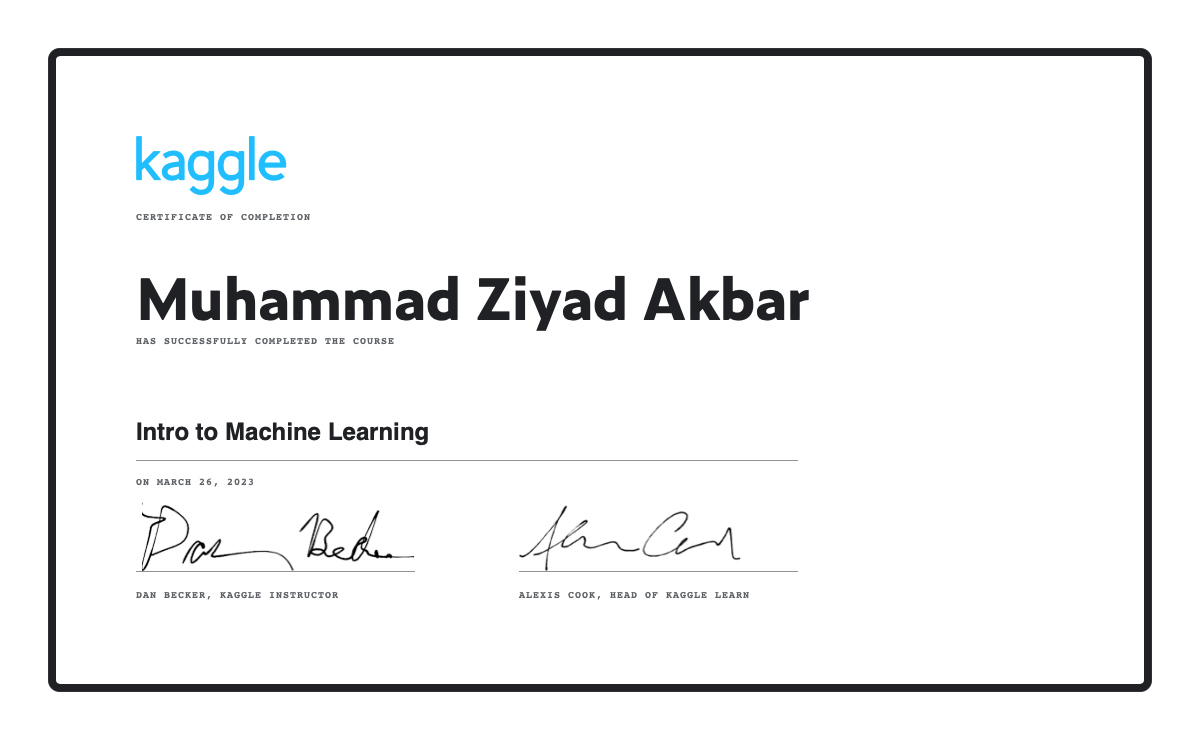 Muhammad Ziyad Akbar completed the Intro to Machine Learning course on Kaggle!
