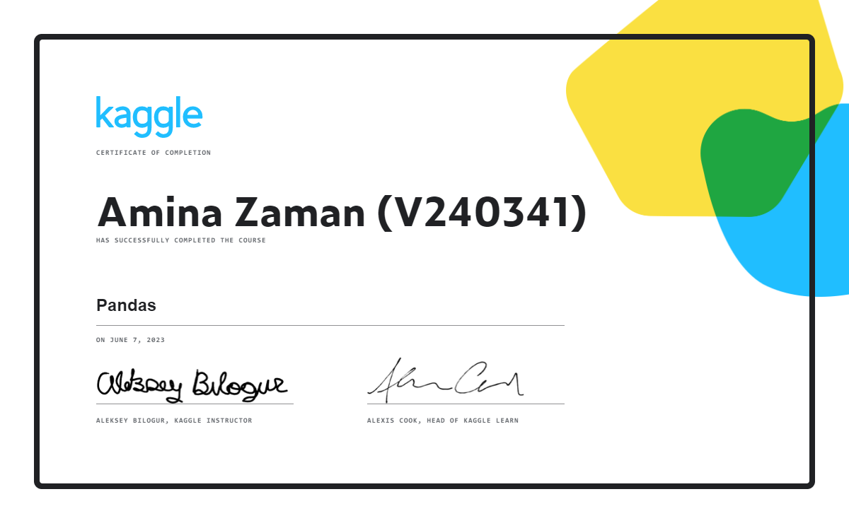 Amina Zaman (V240341) completed the Pandas course on Kaggle!
