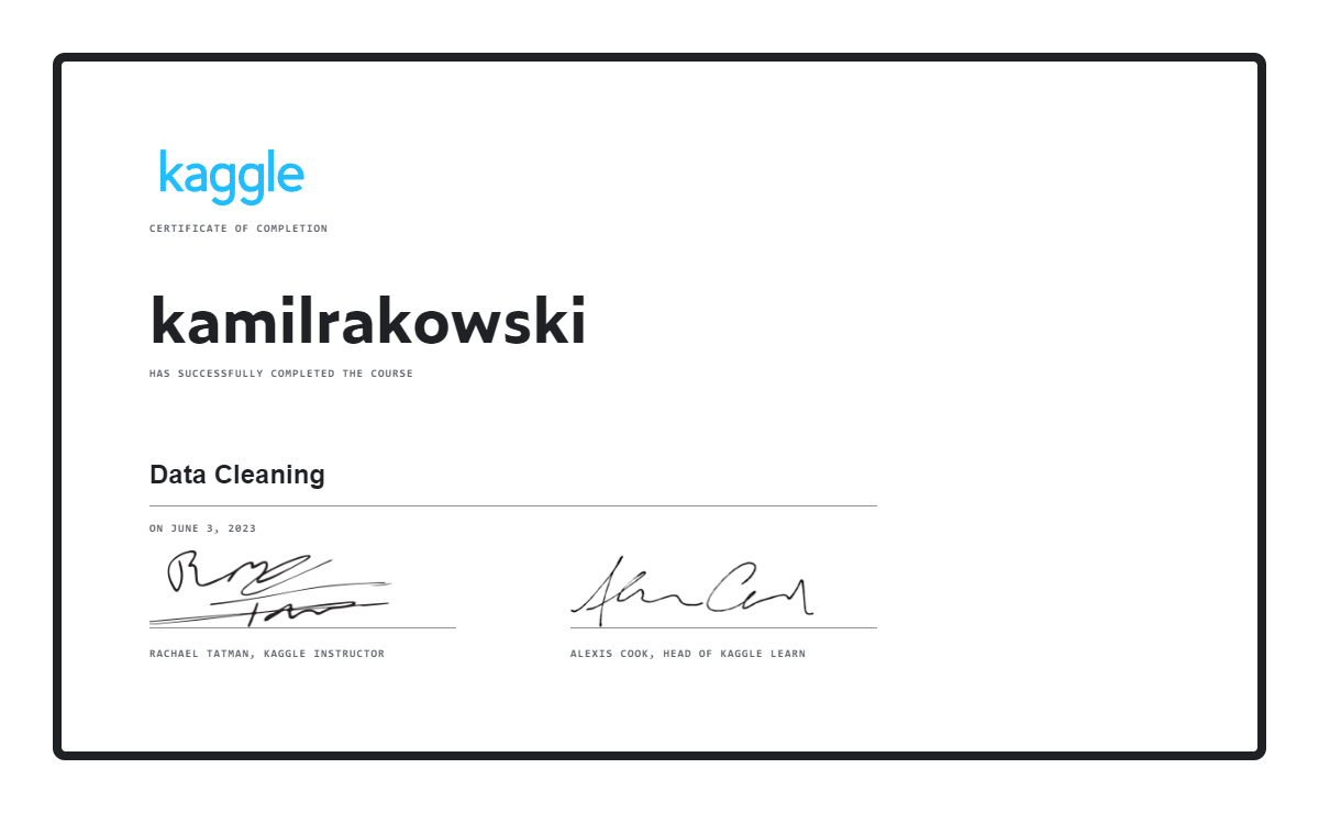 Kamil Rakowski completed the Data Cleaning course on Kaggle!