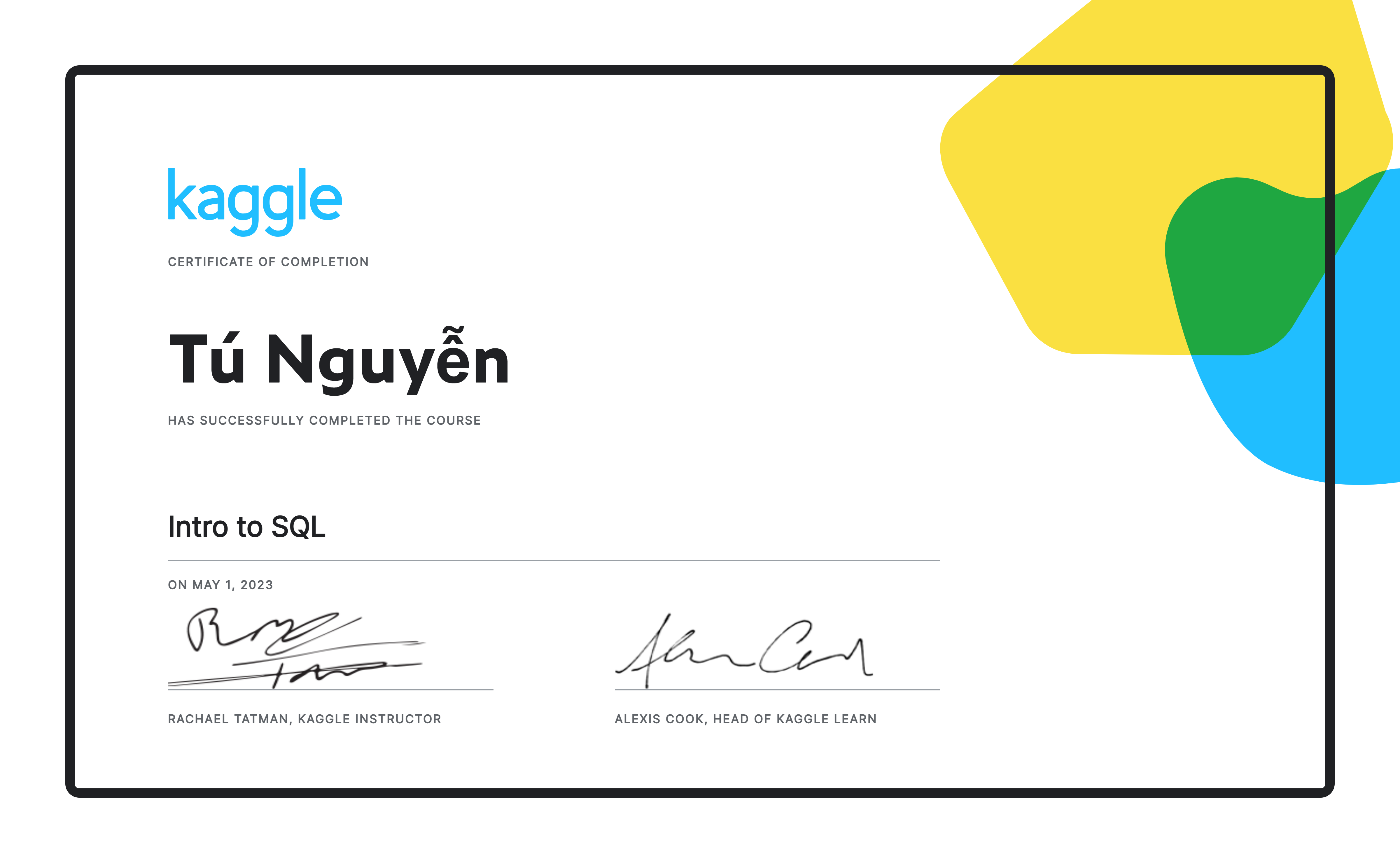 Tú Nguyễn completed the Intro to SQL course on Kaggle!
