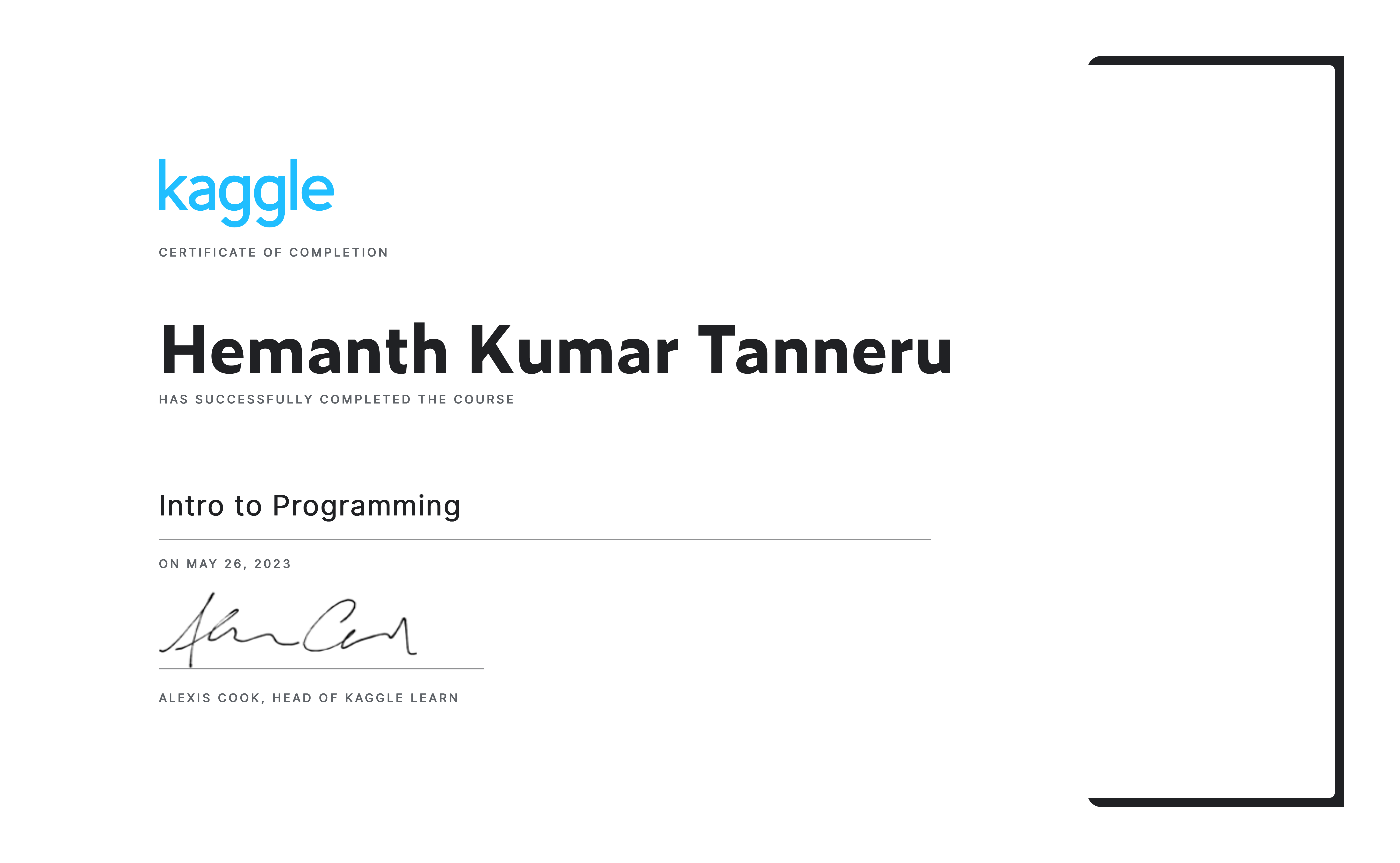 Hemanth Kumar Tanneru Completed The Intro To Programming Course On Kaggle 