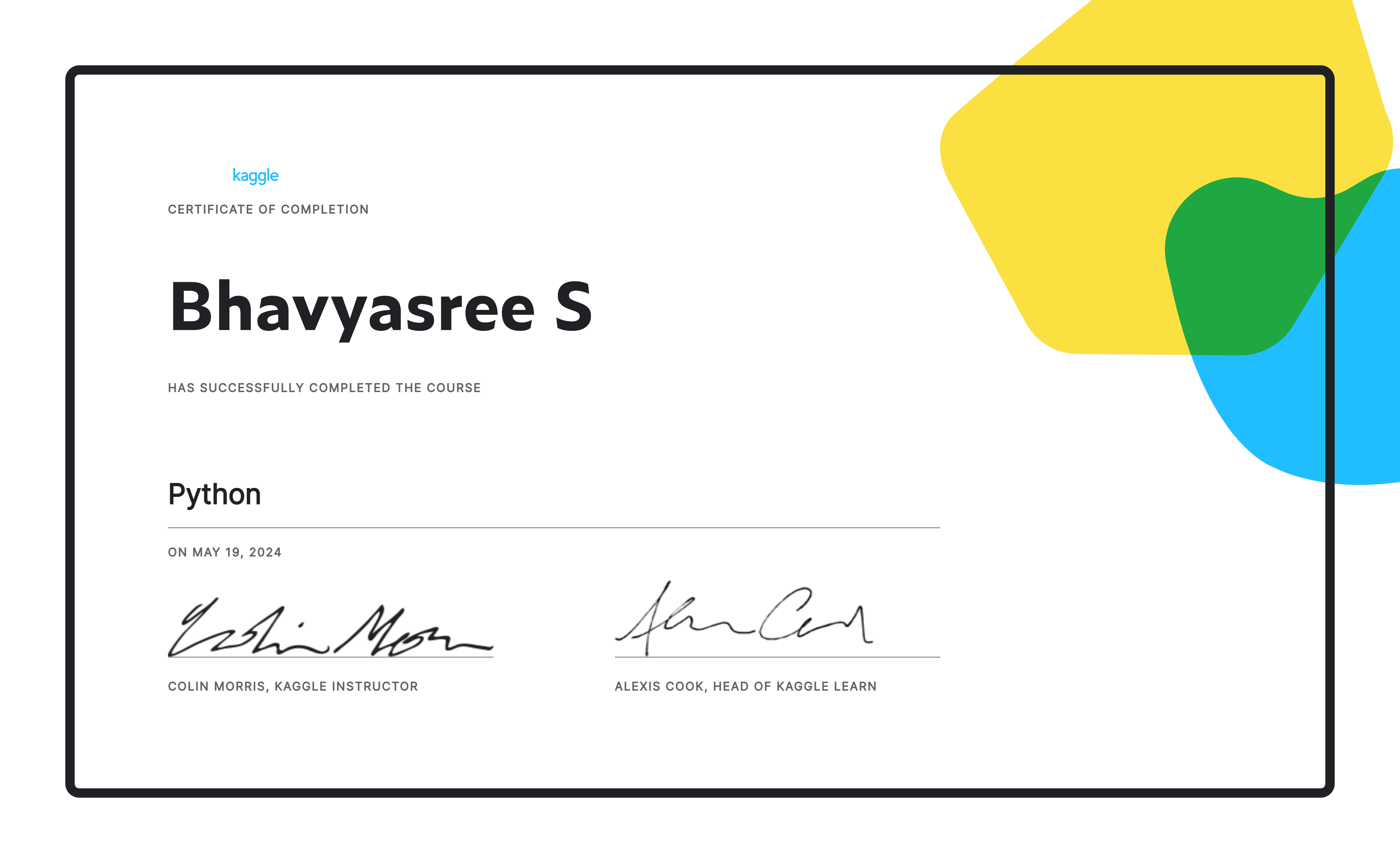 Bhavyasree S completed the Python course on Kaggle!
