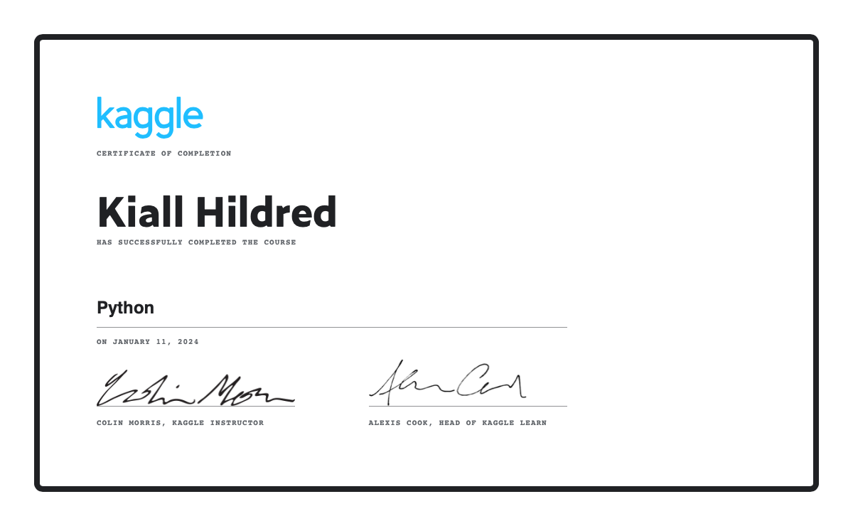 Kiall Hildred completed the Python course on Kaggle!