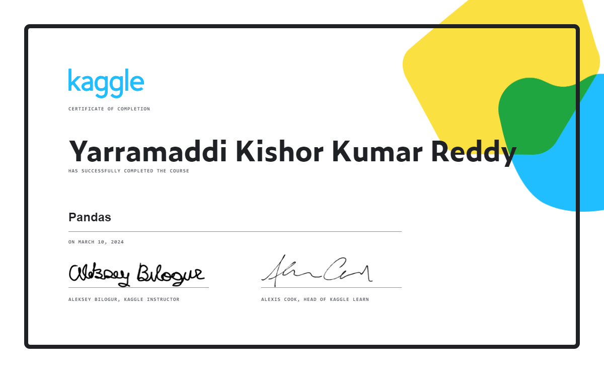 Yarramaddi Kishor Kumar Reddy completed the Pandas course on Kaggle!