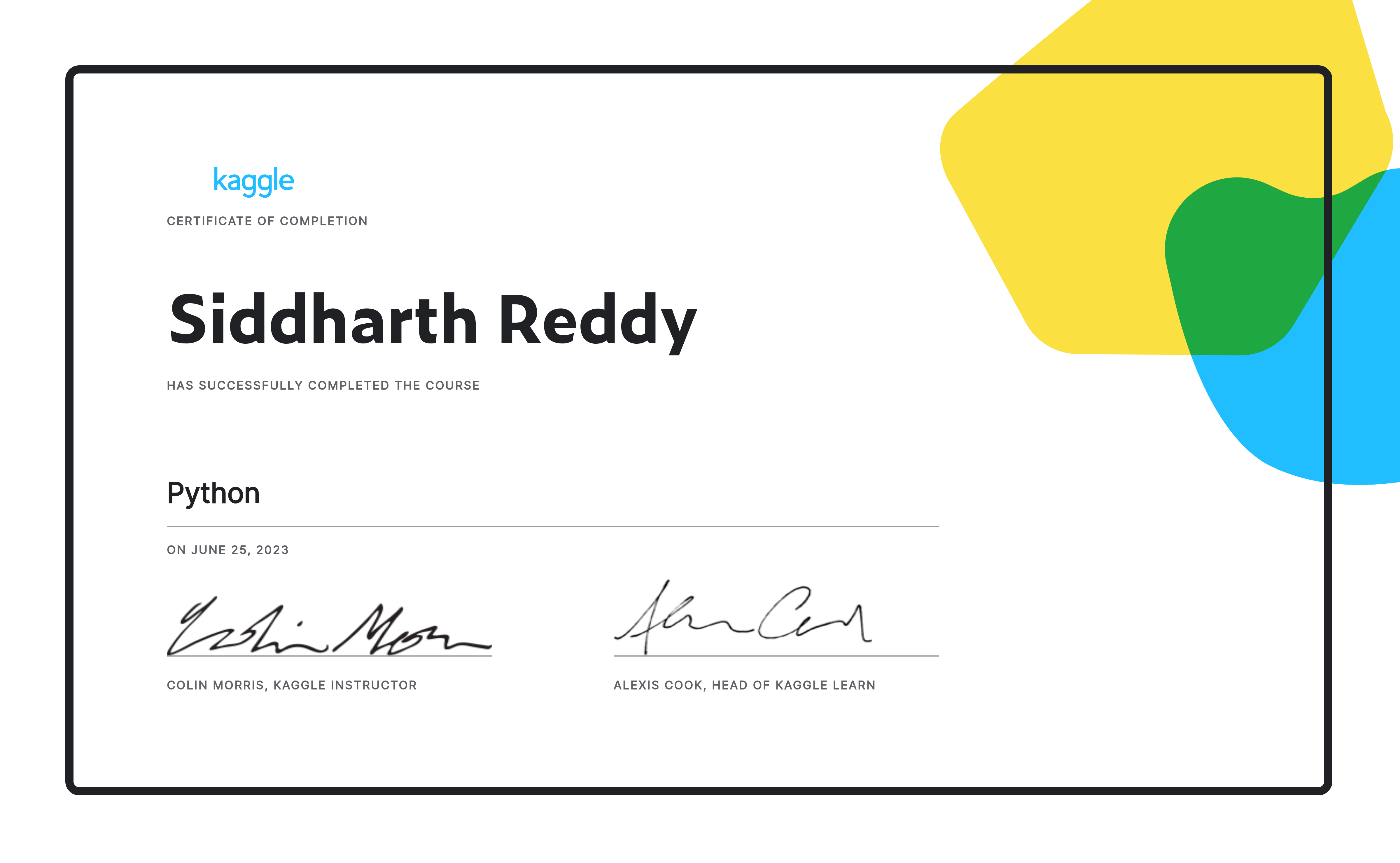 Siddharth Reddy completed the Python course on Kaggle!