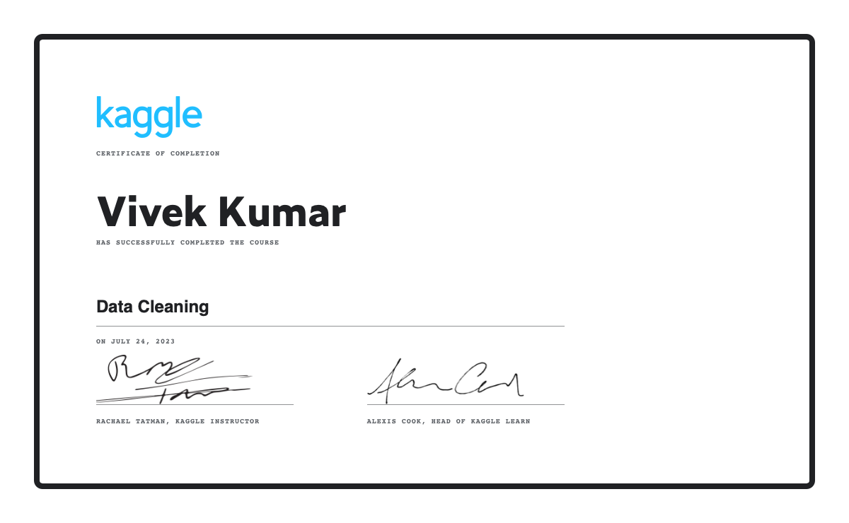 Vivek Kumar completed the Data Cleaning course on Kaggle!