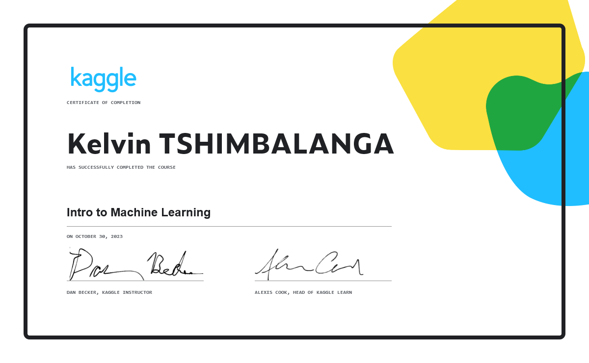 Kelvin TSHIMBALANGA completed the Intro to Machine Learning course on ...