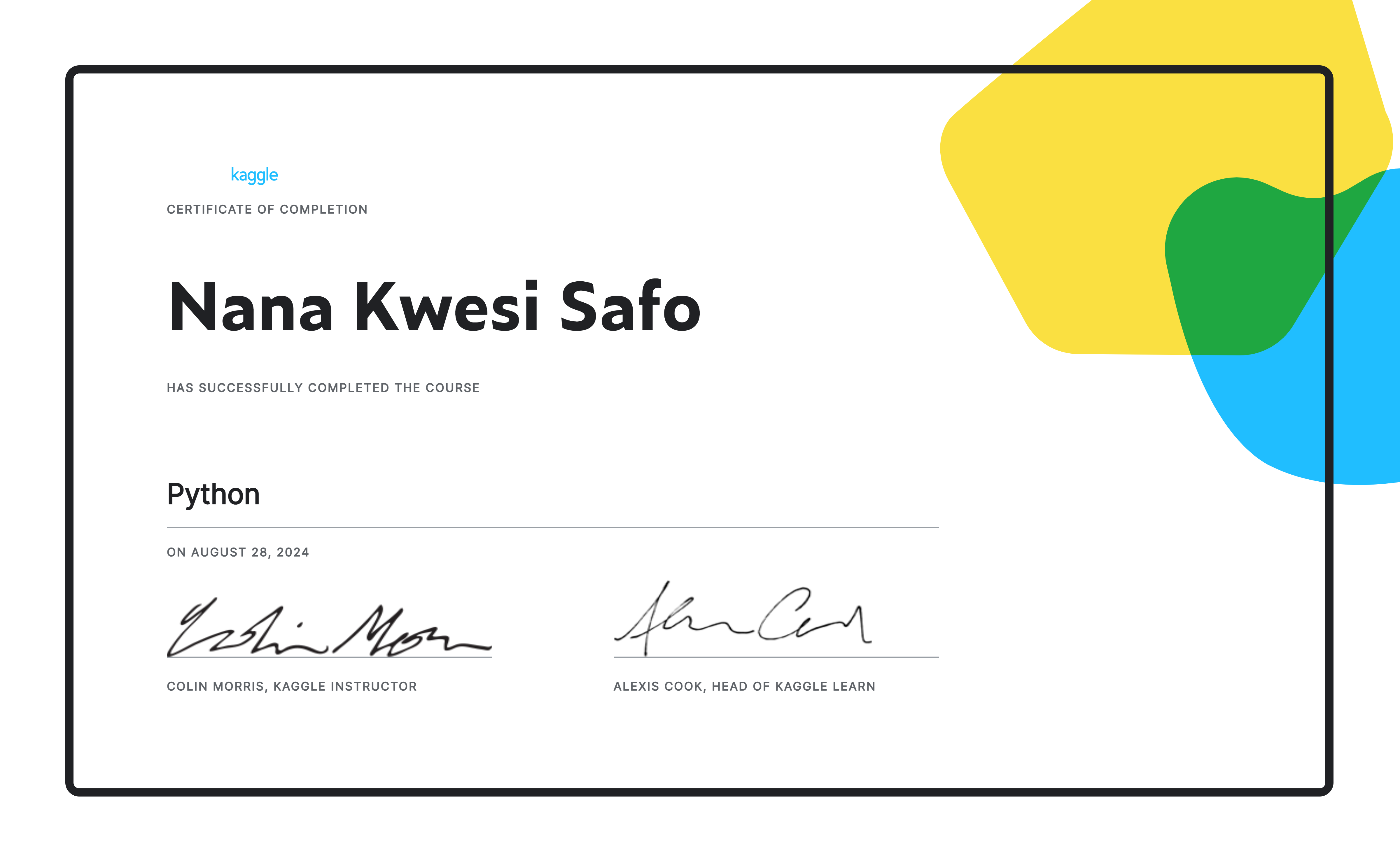 Nana Kwesi Safo completed the Python course on Kaggle!