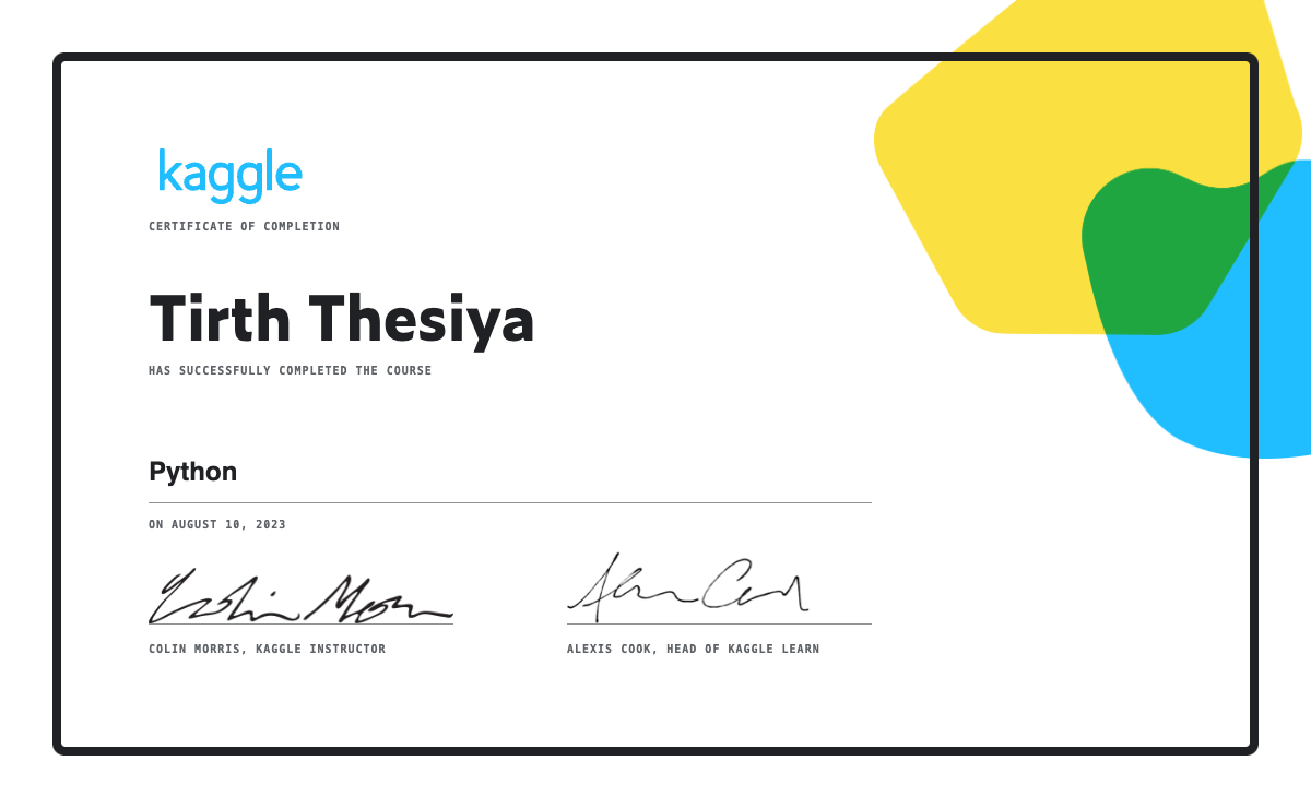 Tirth Thesiya completed the Python course on Kaggle!