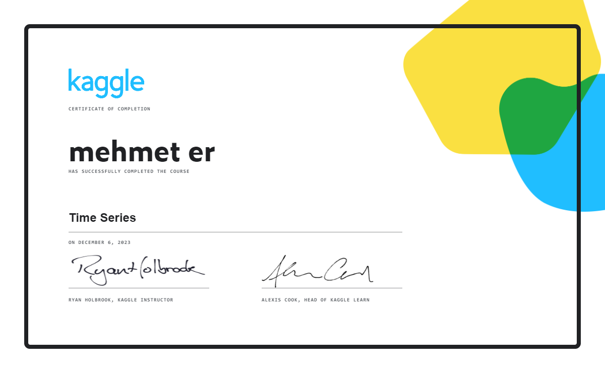 mehmet er completed the Time Series course on Kaggle!