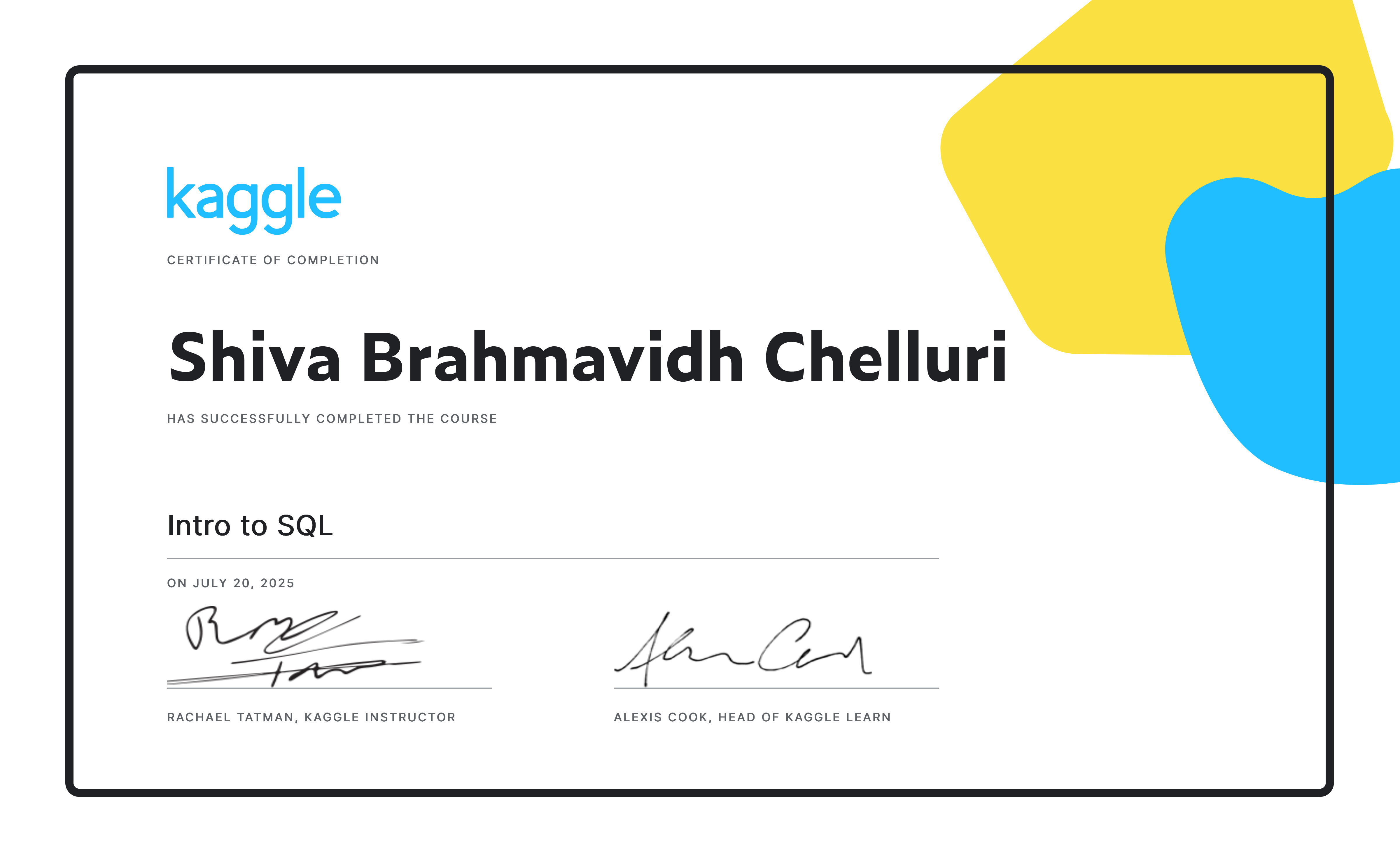 Shiva Brahmavidh Chelluri completed the Intro to SQL course on Kaggle!