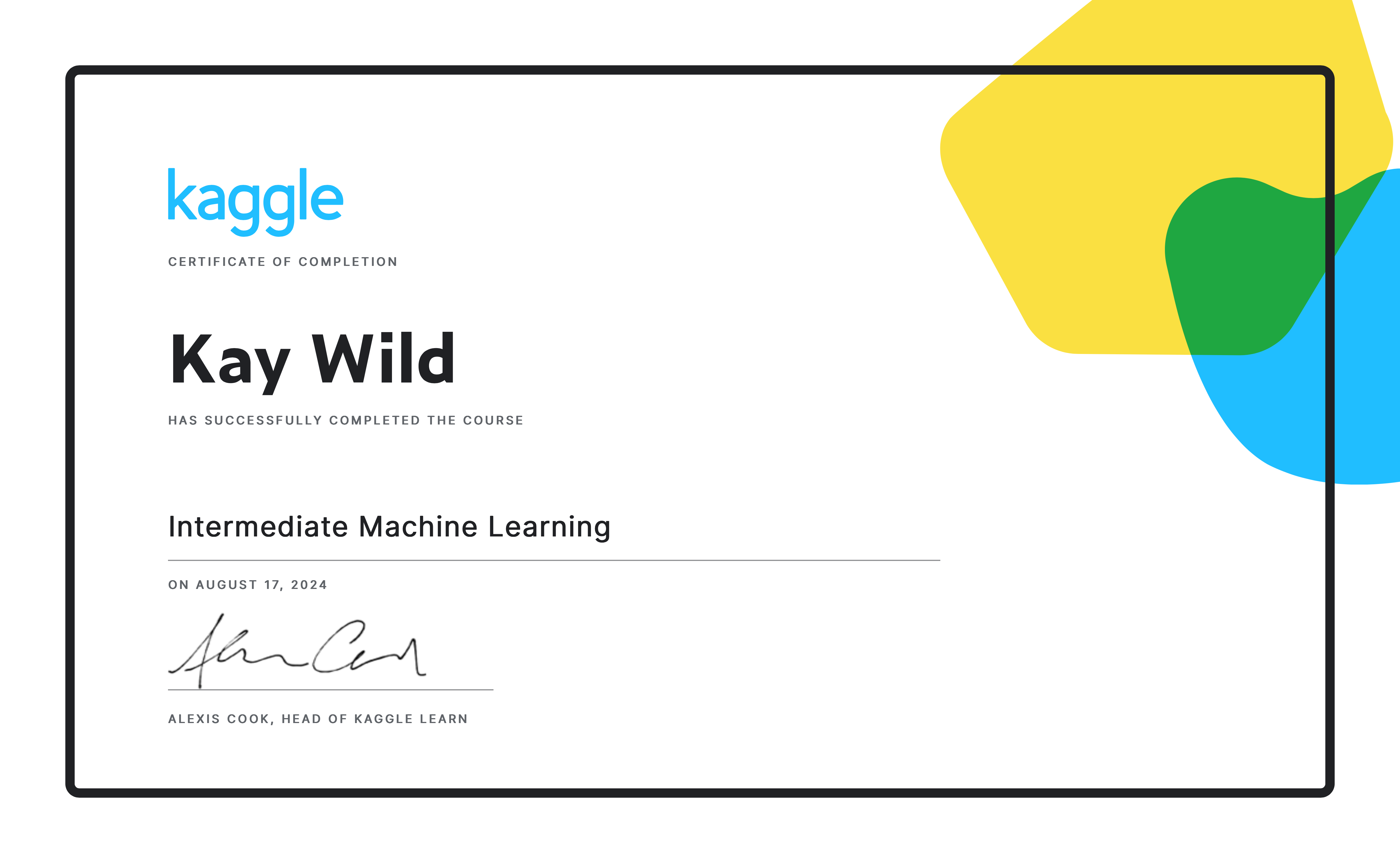 Kay Wild completed the Intermediate Machine Learning course on Kaggle!
