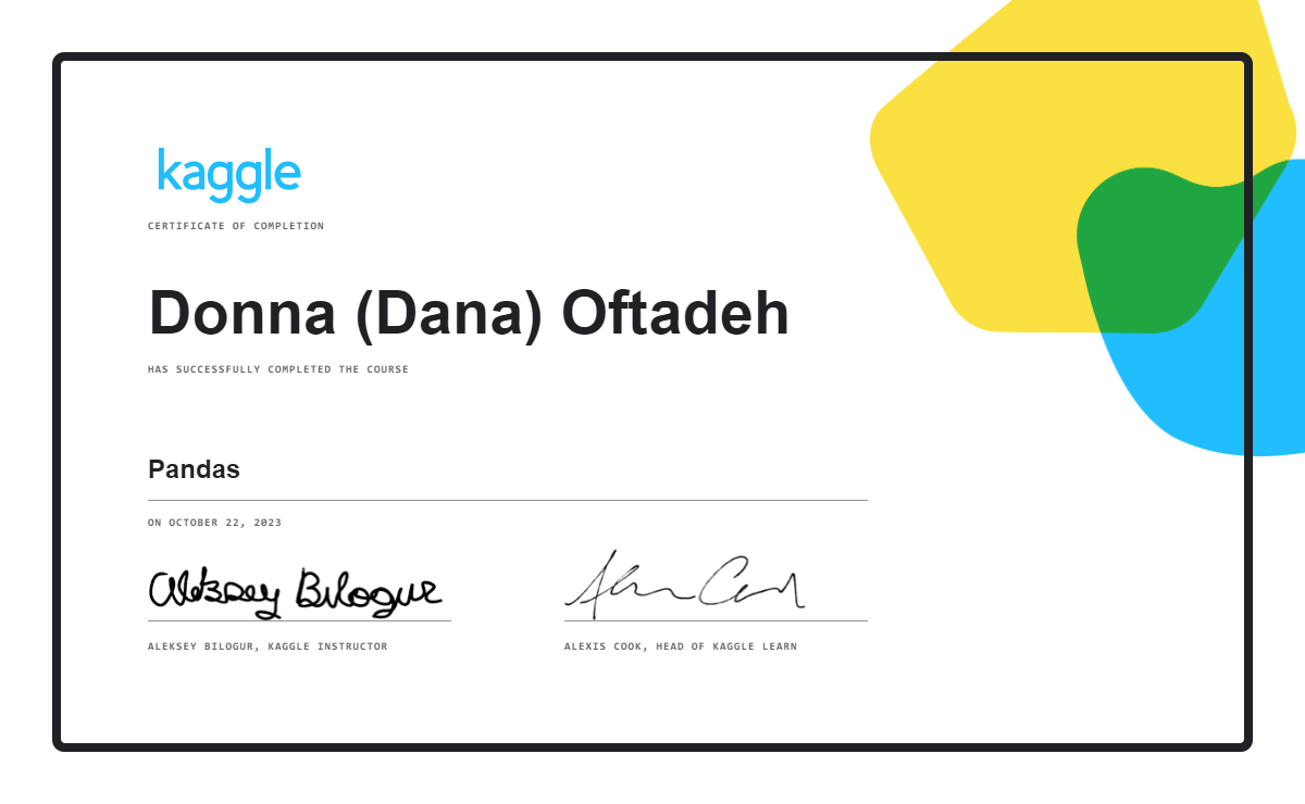Donna (Dana) Oftadeh completed the Pandas course on Kaggle!