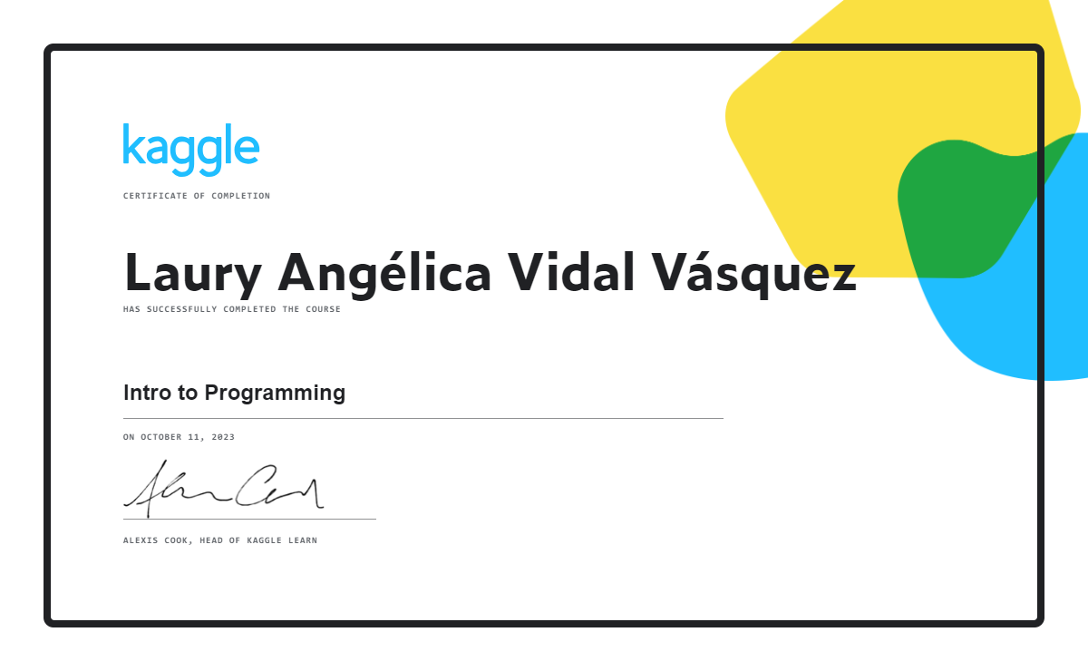 Laury Angélica Vidal Vásquez completed the Intro to Programming course on Kaggle!