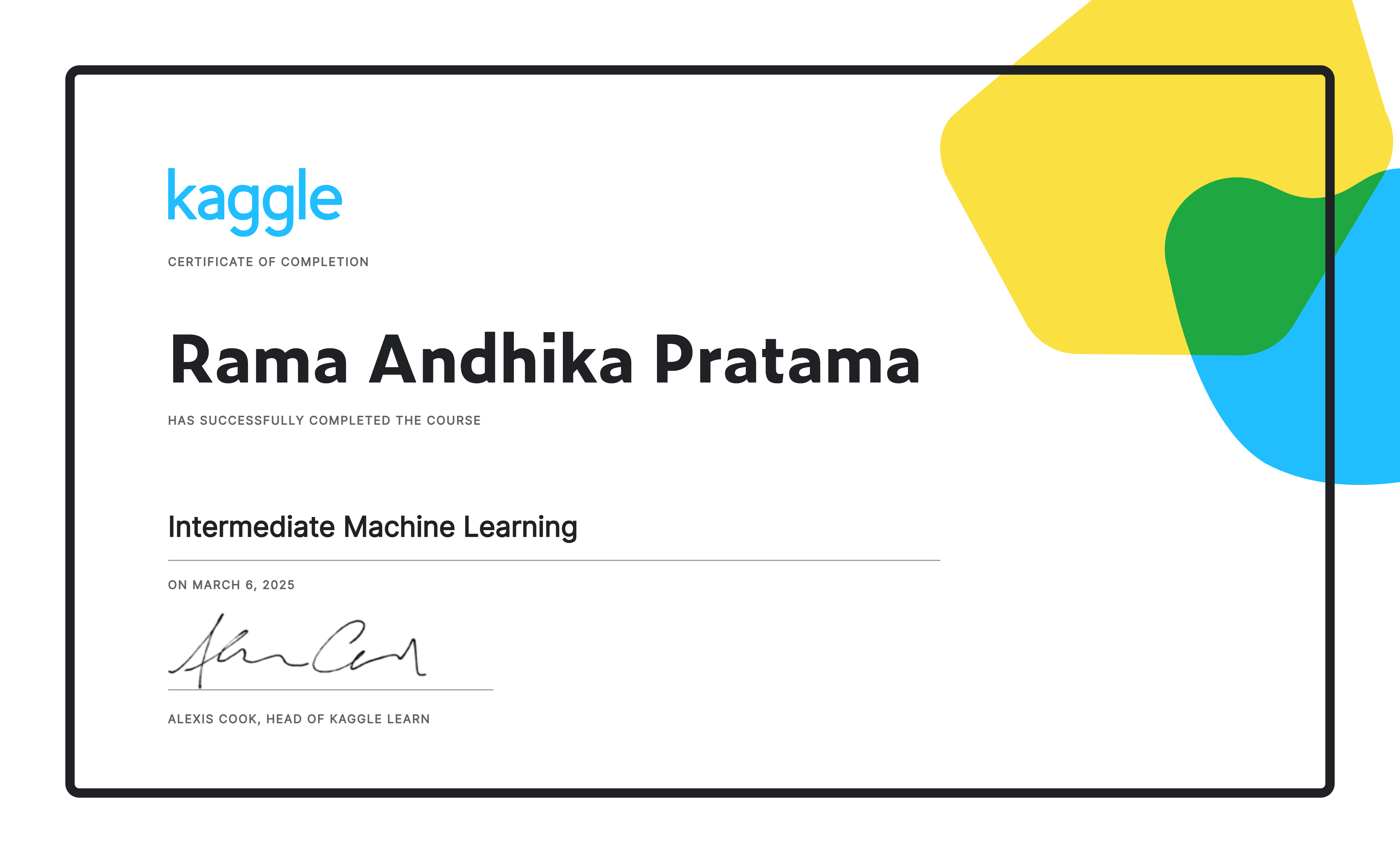 Rama Andhika Pratama completed the Intermediate Machine Learning course on Kaggle!