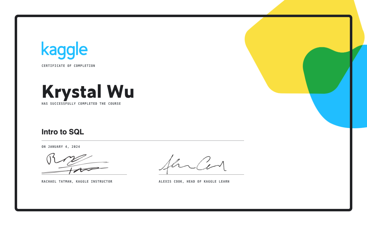 Krystal Wu completed the Intro to SQL course on Kaggle!