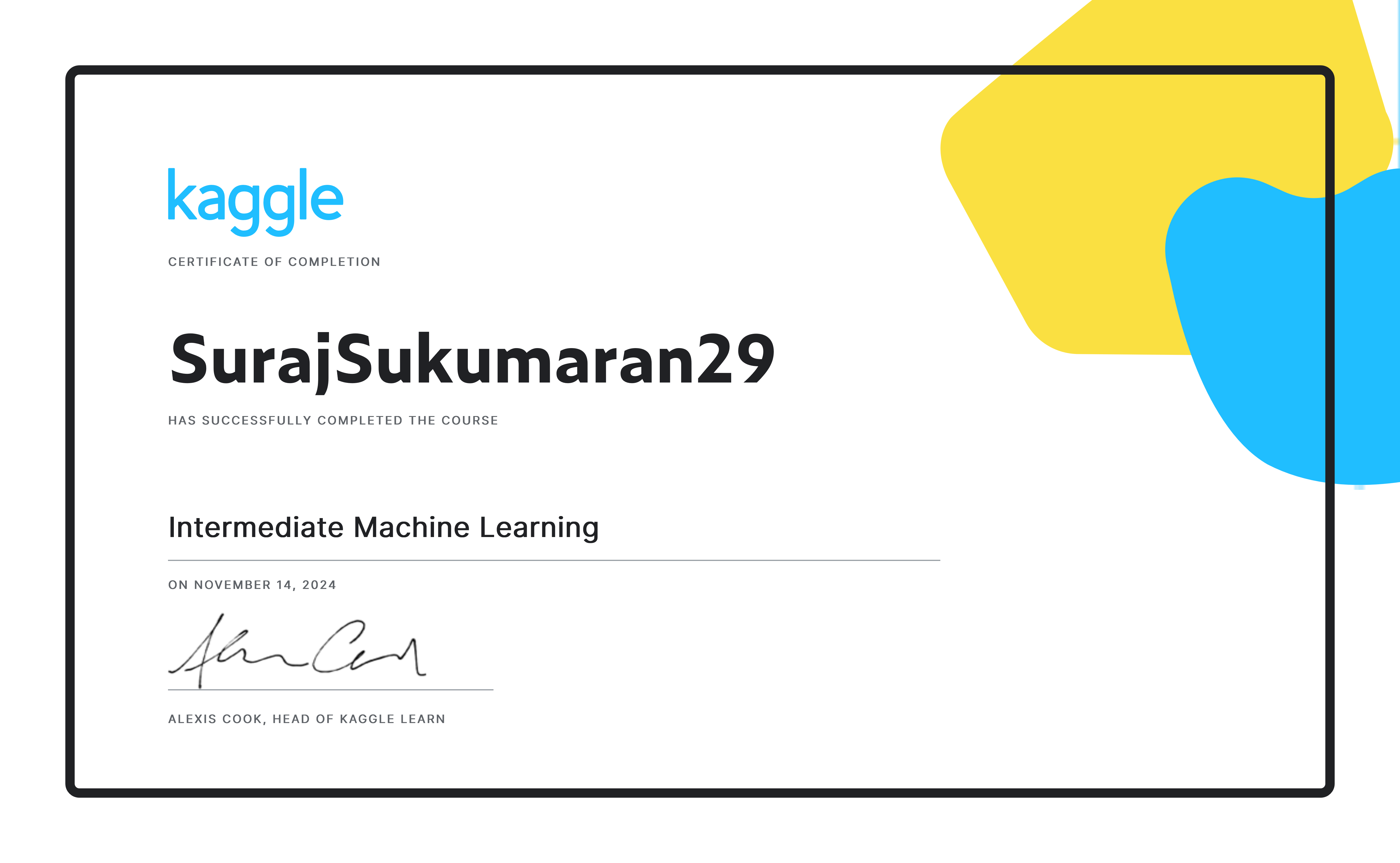 SurajSukumaran29 completed the Intermediate Machine Learning course on Kaggle!