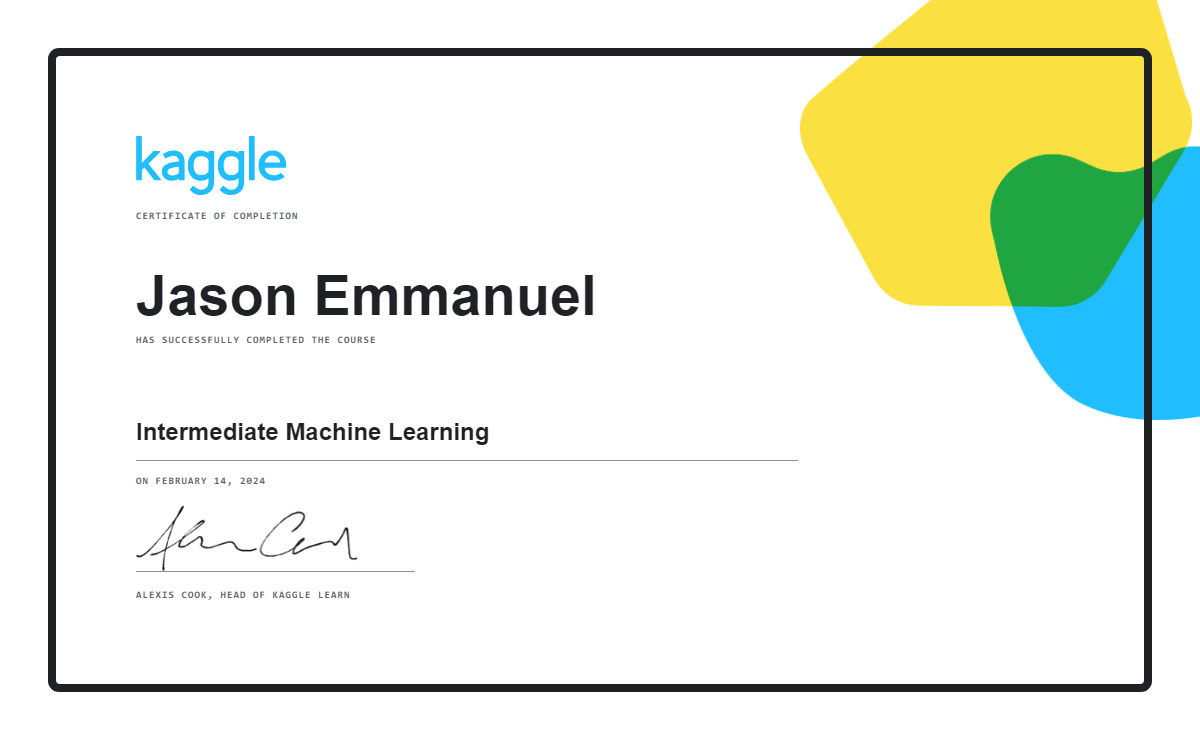 Jason Emmanuel completed the Intermediate Machine Learning course on Kaggle!
