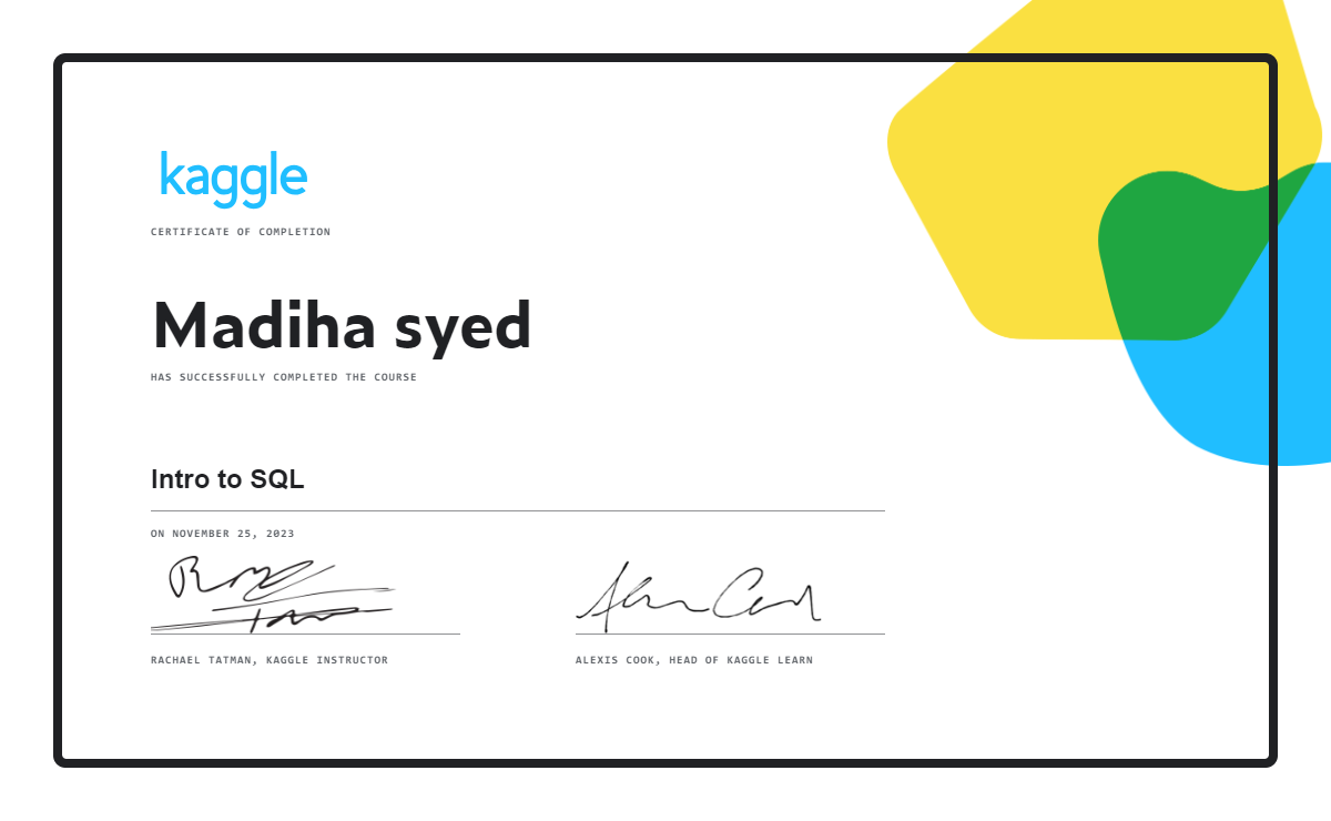 Madiha Syed Completed The Intro To Sql Course On Kaggle
