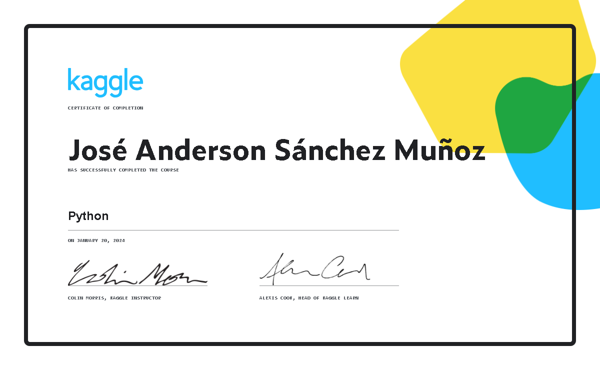 José Anderson Sánchez Muñoz completed the Python course on Kaggle!