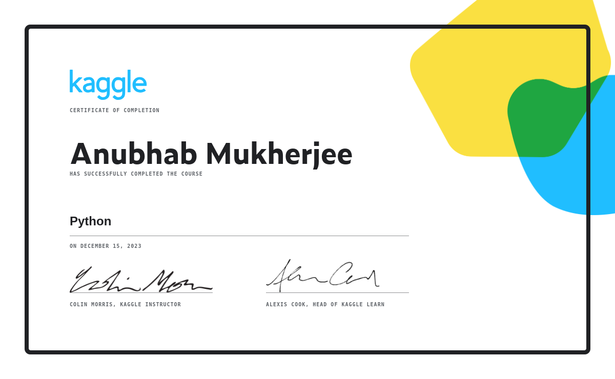 Anubhab Mukherjee completed the Python course on Kaggle!