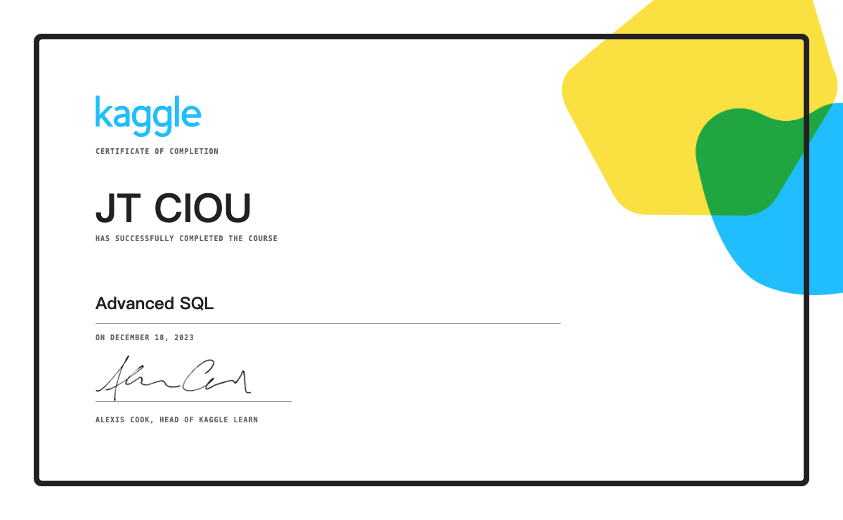 JT CIOU completed the Advanced SQL course on Kaggle!