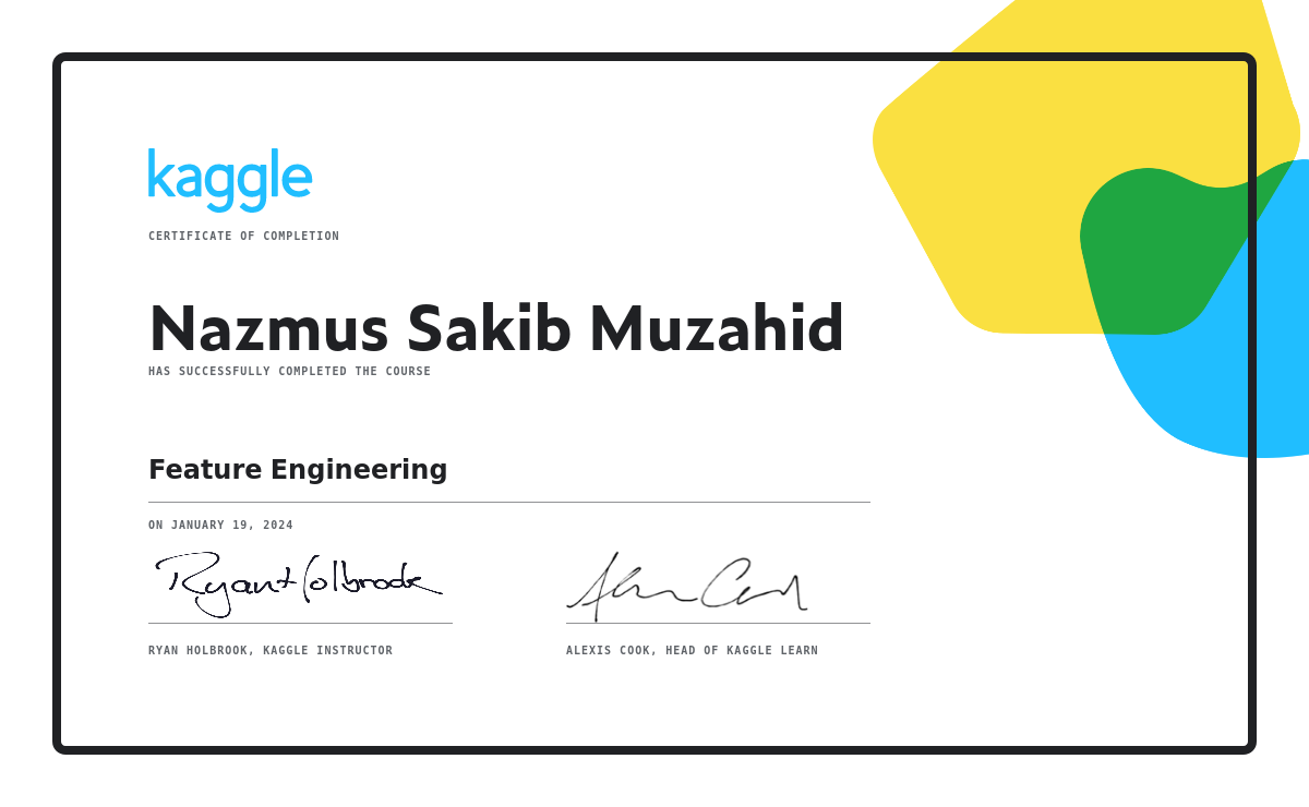 Nazmus Sakib Muzahid completed the Feature Engineering course on Kaggle!