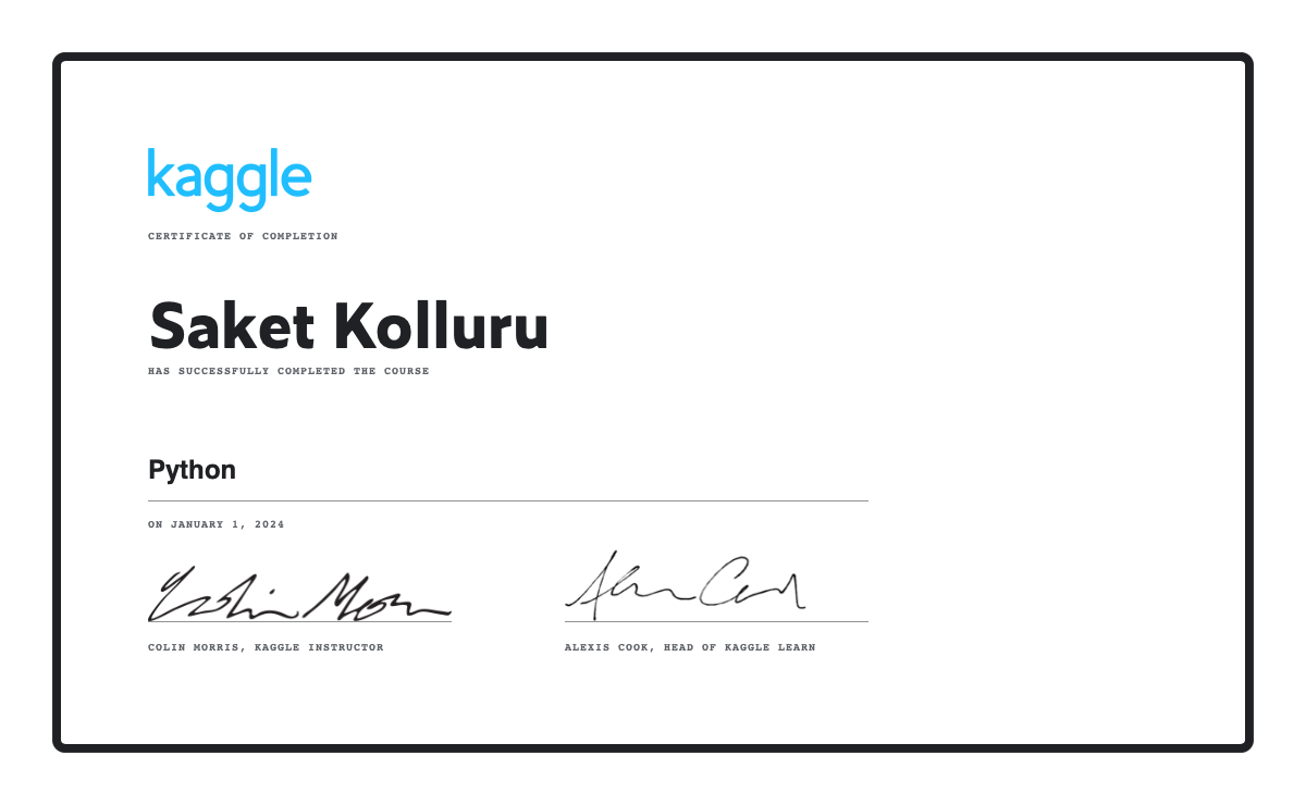 Saket Kolluru completed the Python course on Kaggle!