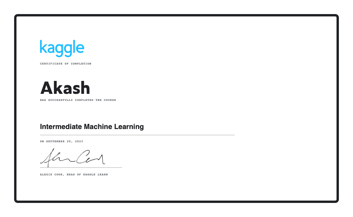 Akash completed the Intermediate Machine Learning course on Kaggle!