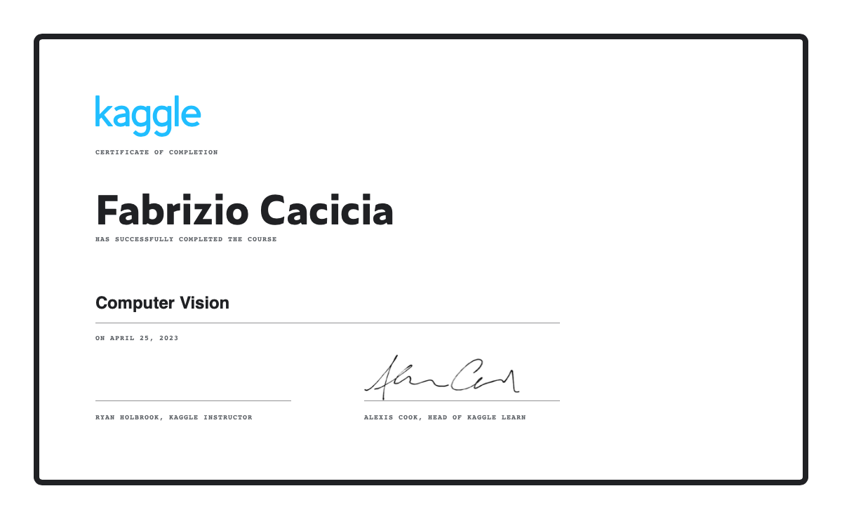 Fabrizio Cacicia completed the Computer Vision course on Kaggle!