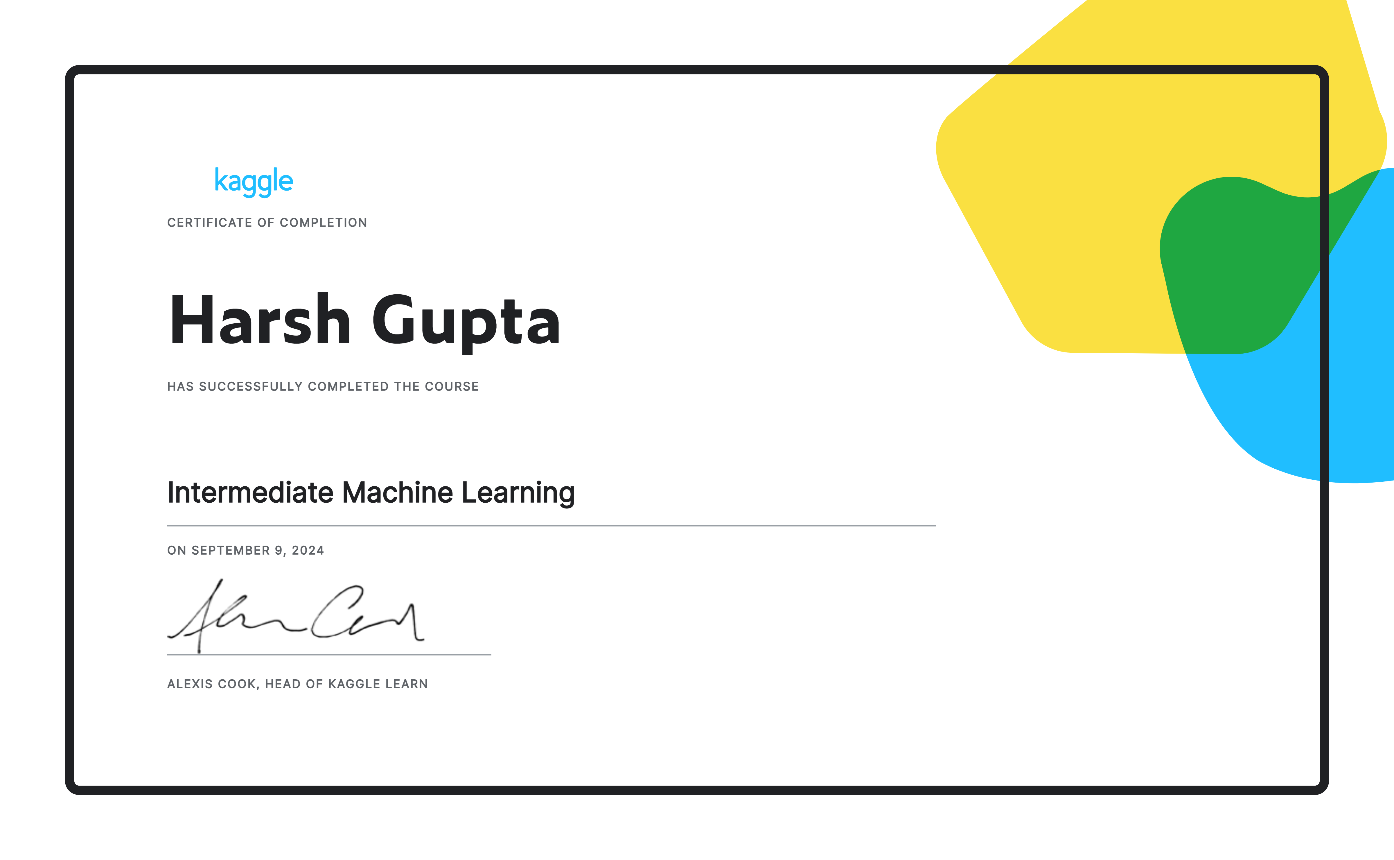 Harsh Gupta completed the Intermediate Machine Learning course on Kaggle!