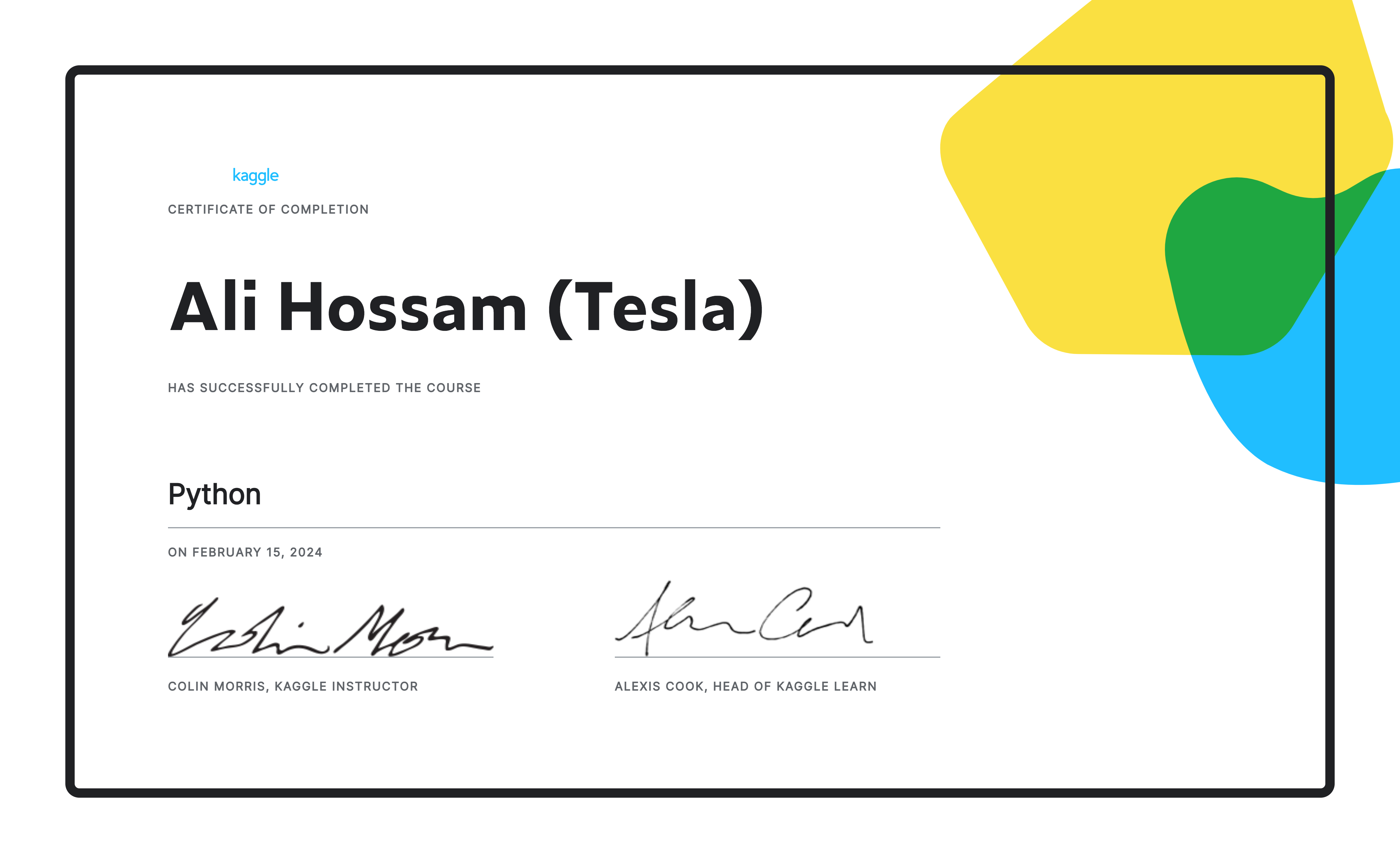 Ali Hossam (Tesla) completed the Python course on Kaggle!