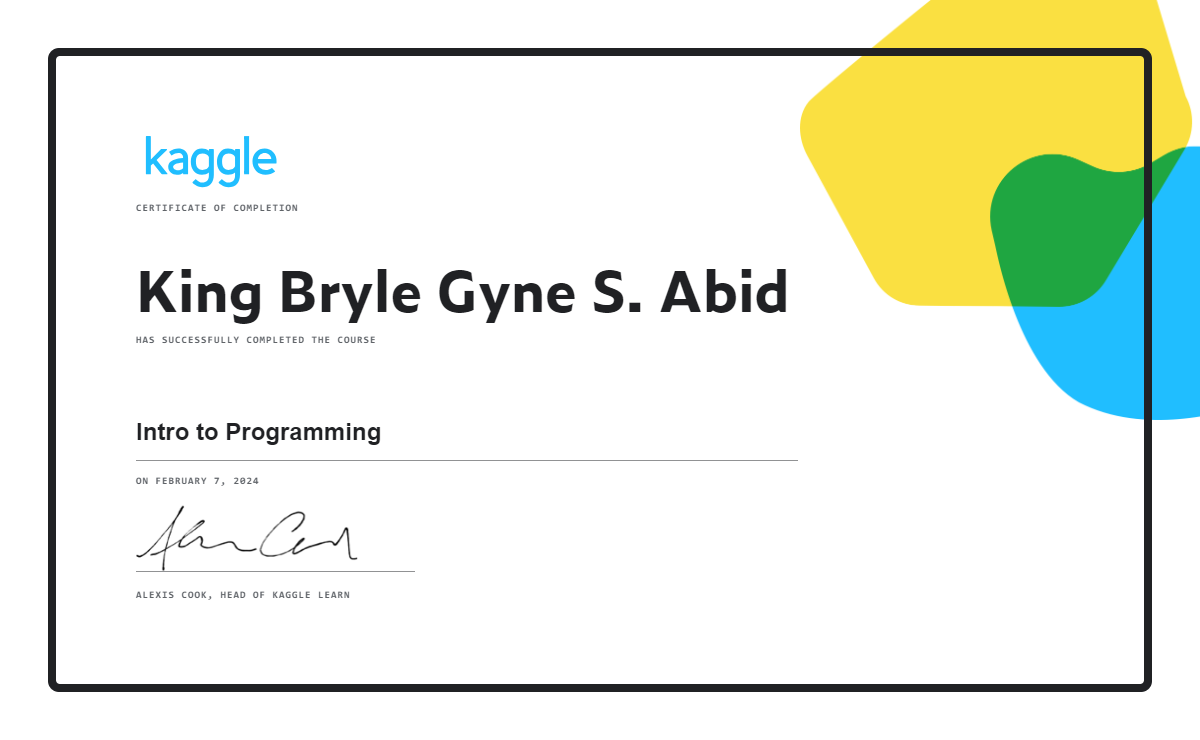 King Bryle Gyne S. Abid completed the Intro to Programming course on ...