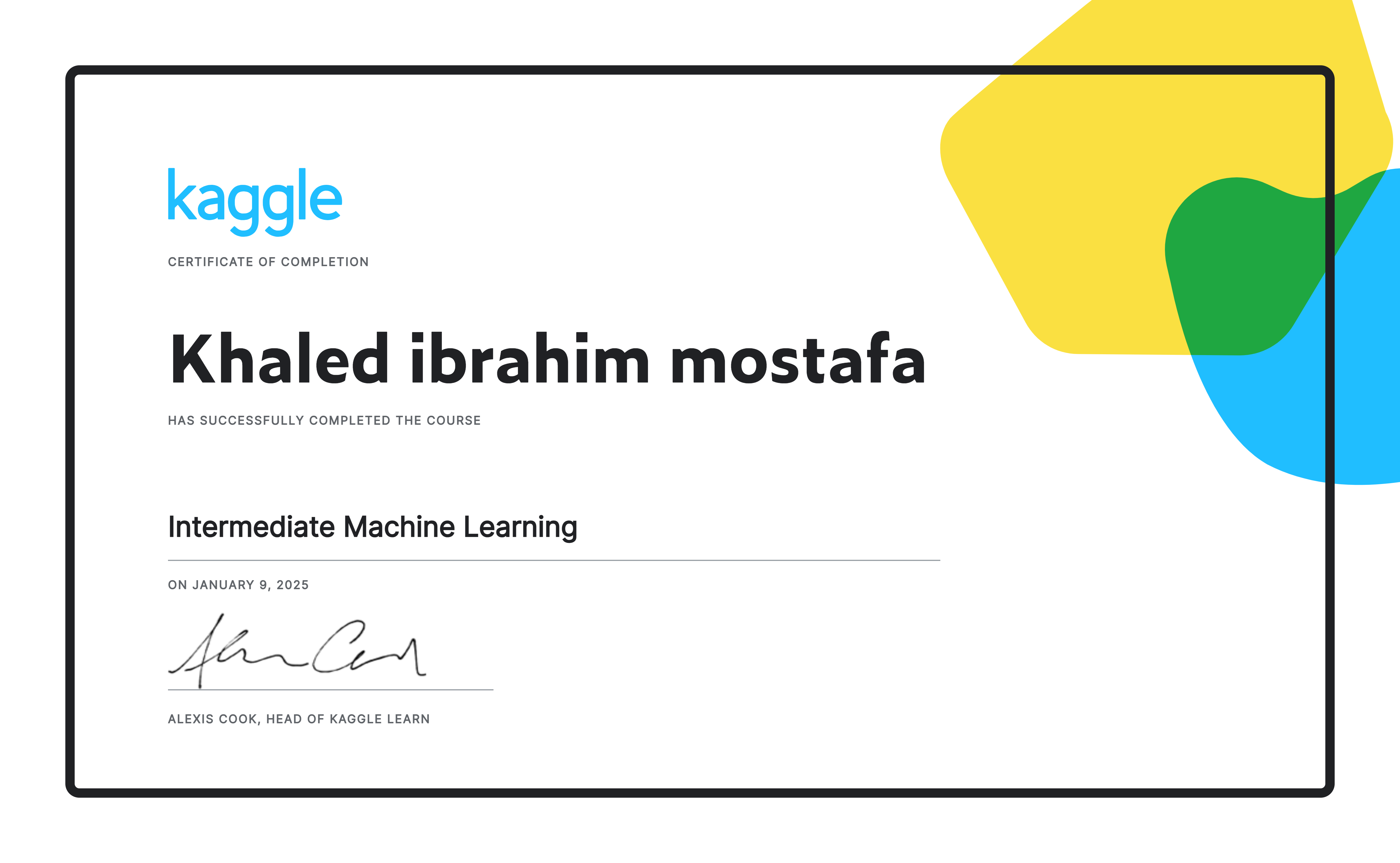 Khaled ibrahim mostafa completed the Intermediate Machine Learning course on Kaggle!