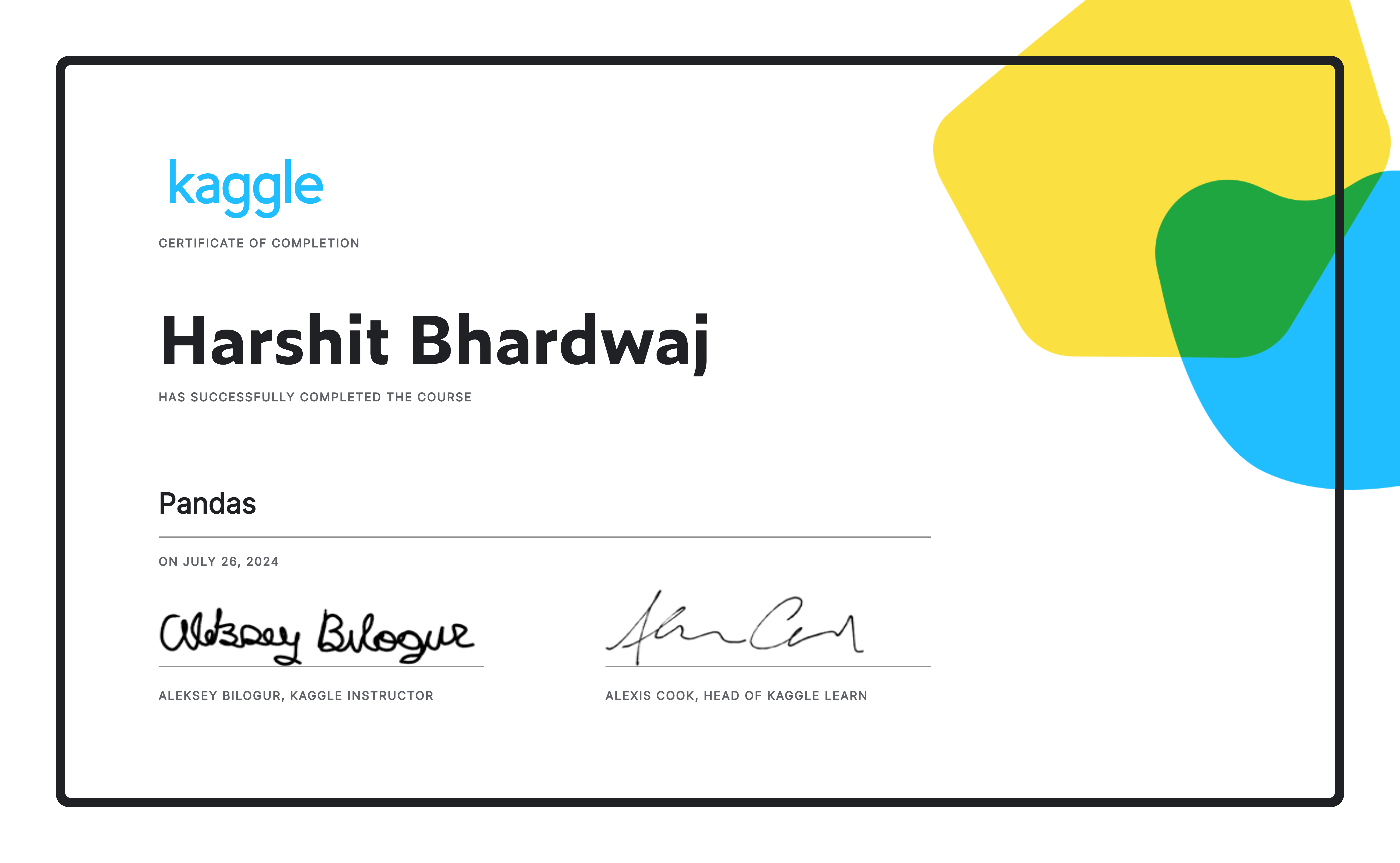 Harshit Bhardwaj completed the Pandas course on Kaggle!