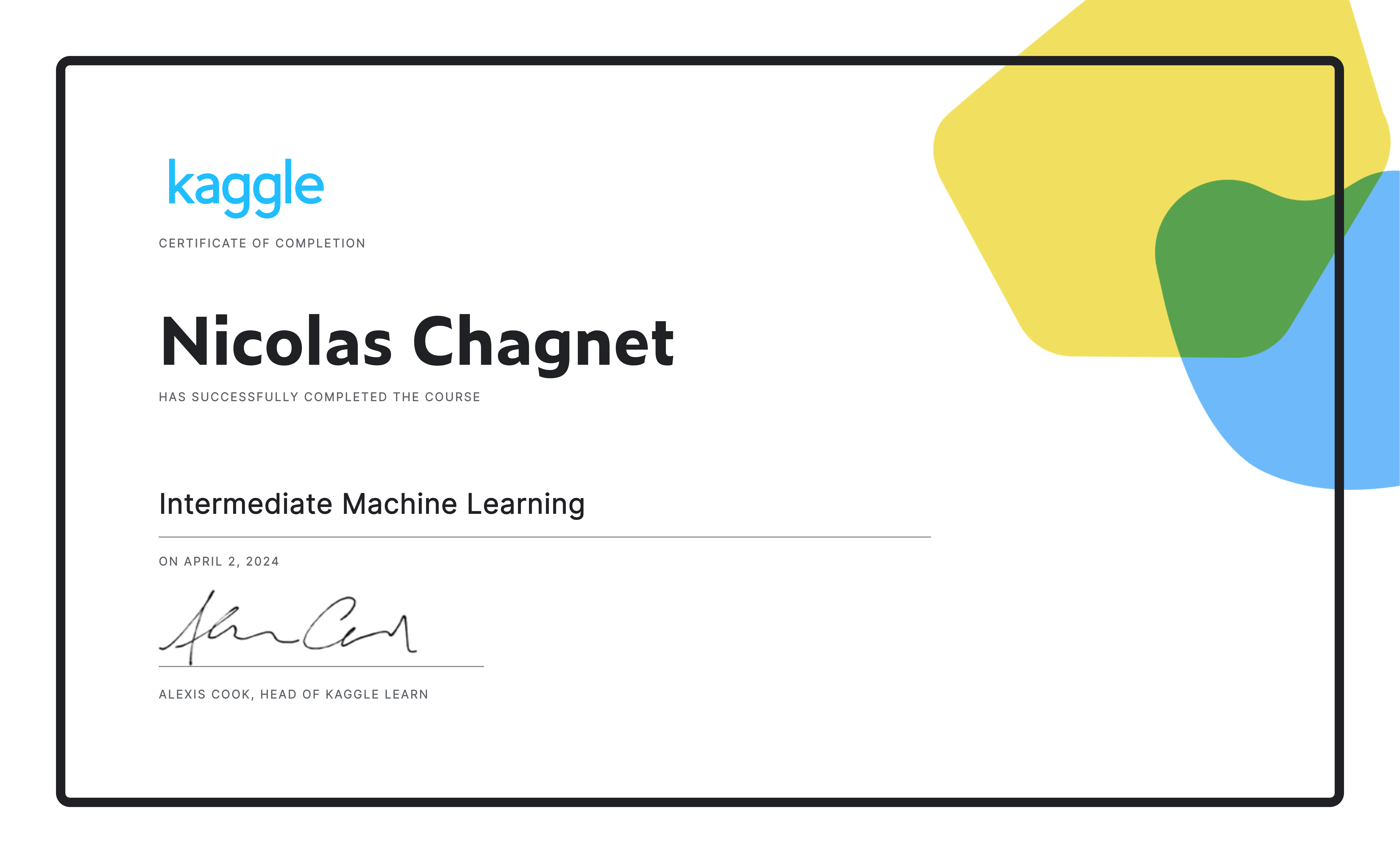Nicolas Chagnet completed the Intermediate Machine Learning course on ... Nicolas Chagnet completed the Intermediate Machine Learning course on ...
