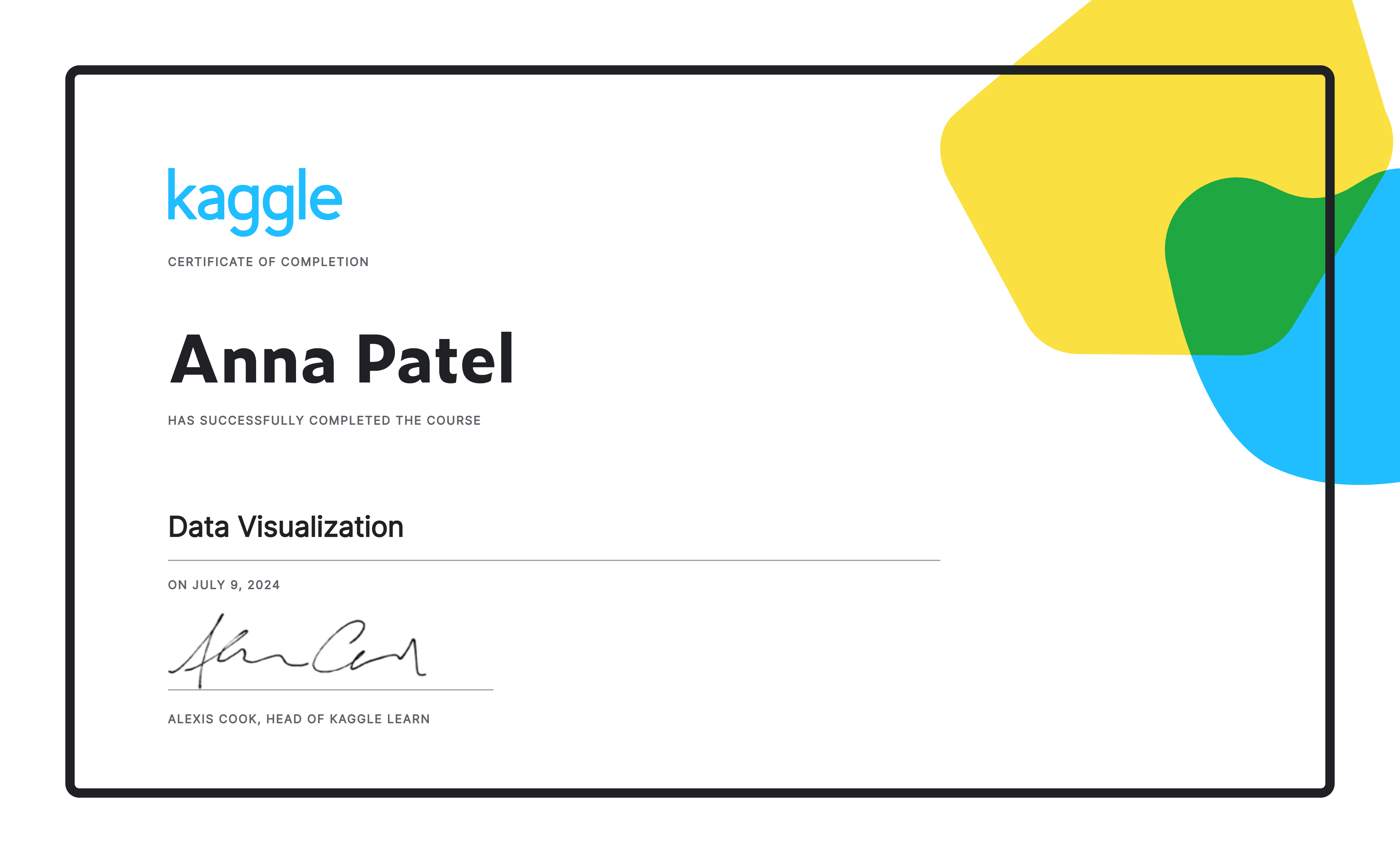Anna Patel completed the Data Visualization course on Kaggle!
