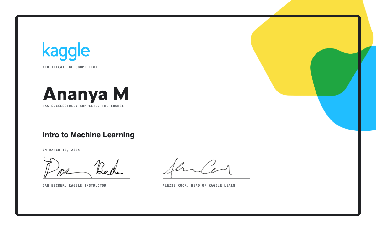 Ananya M completed the Intro to Machine Learning course on Kaggle!