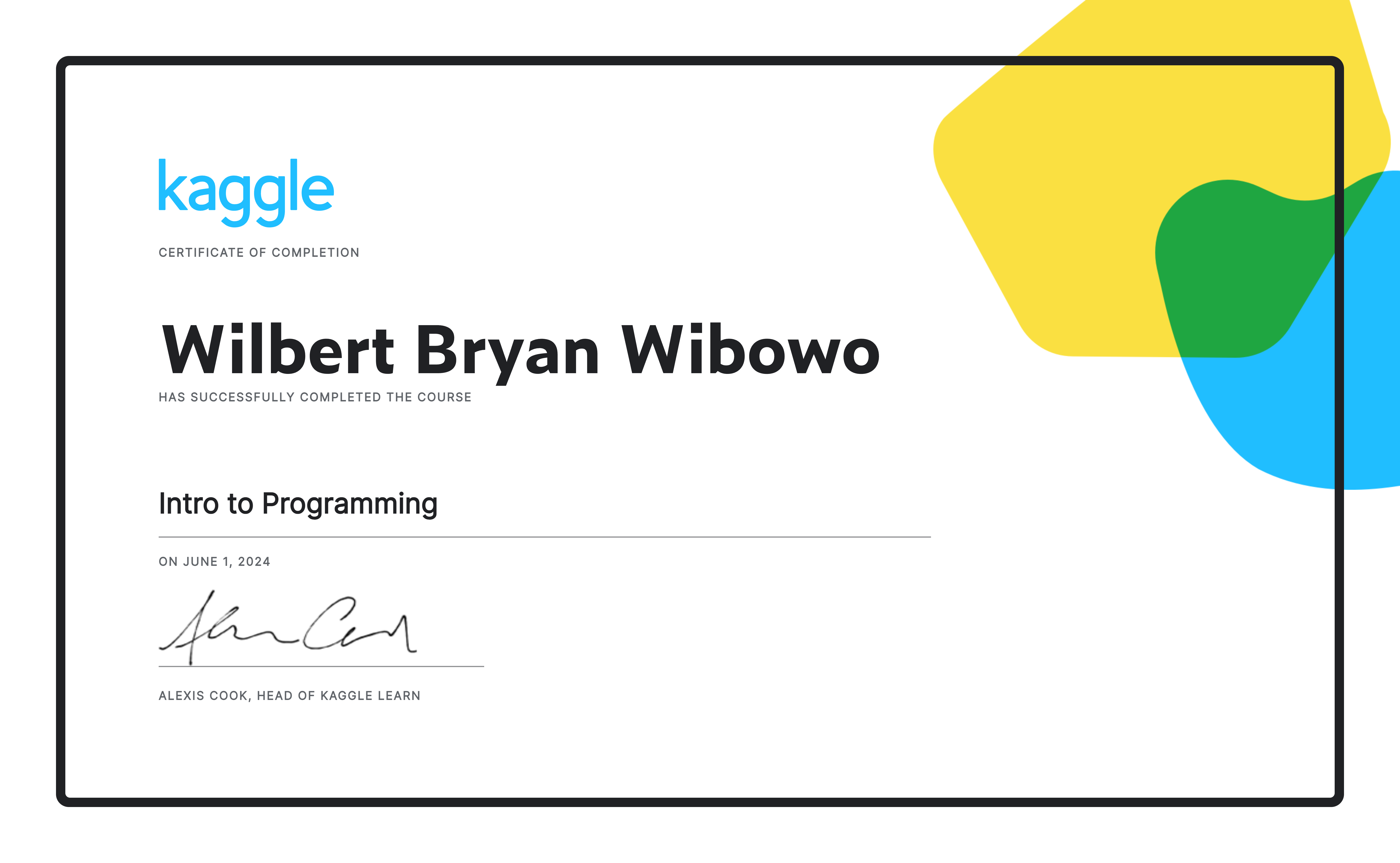 Wilbert Bryan Wibowo completed the Intro to Programming course on Kaggle!