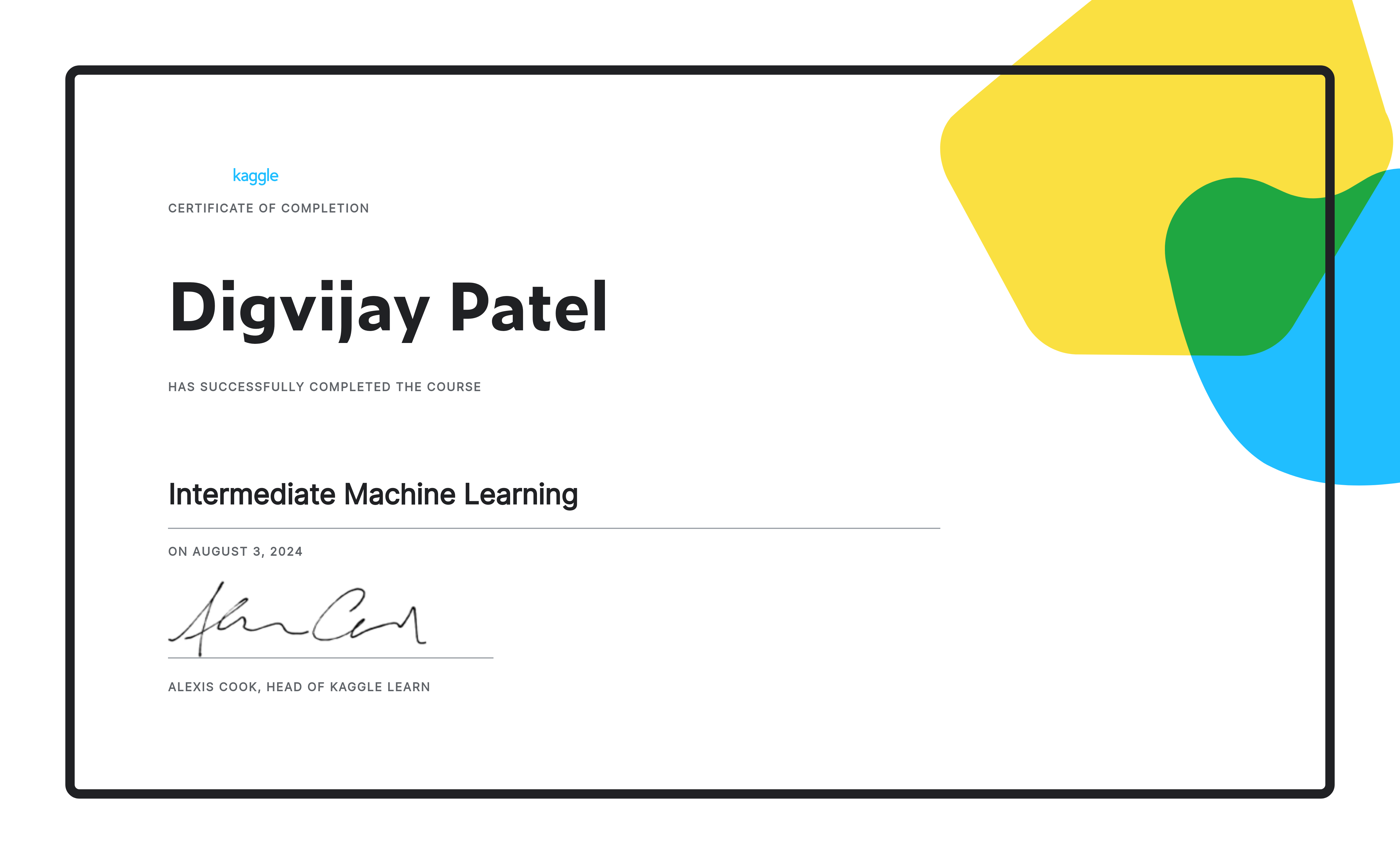 Digvijay Patel completed the Intermediate Machine Learning course on Kaggle!