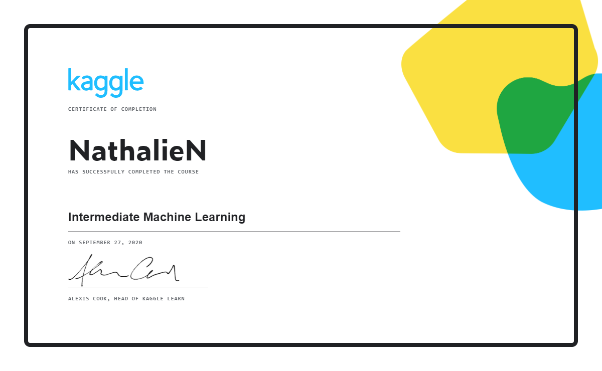 NathalieN completed the Intermediate Machine Learning course on Kaggle!