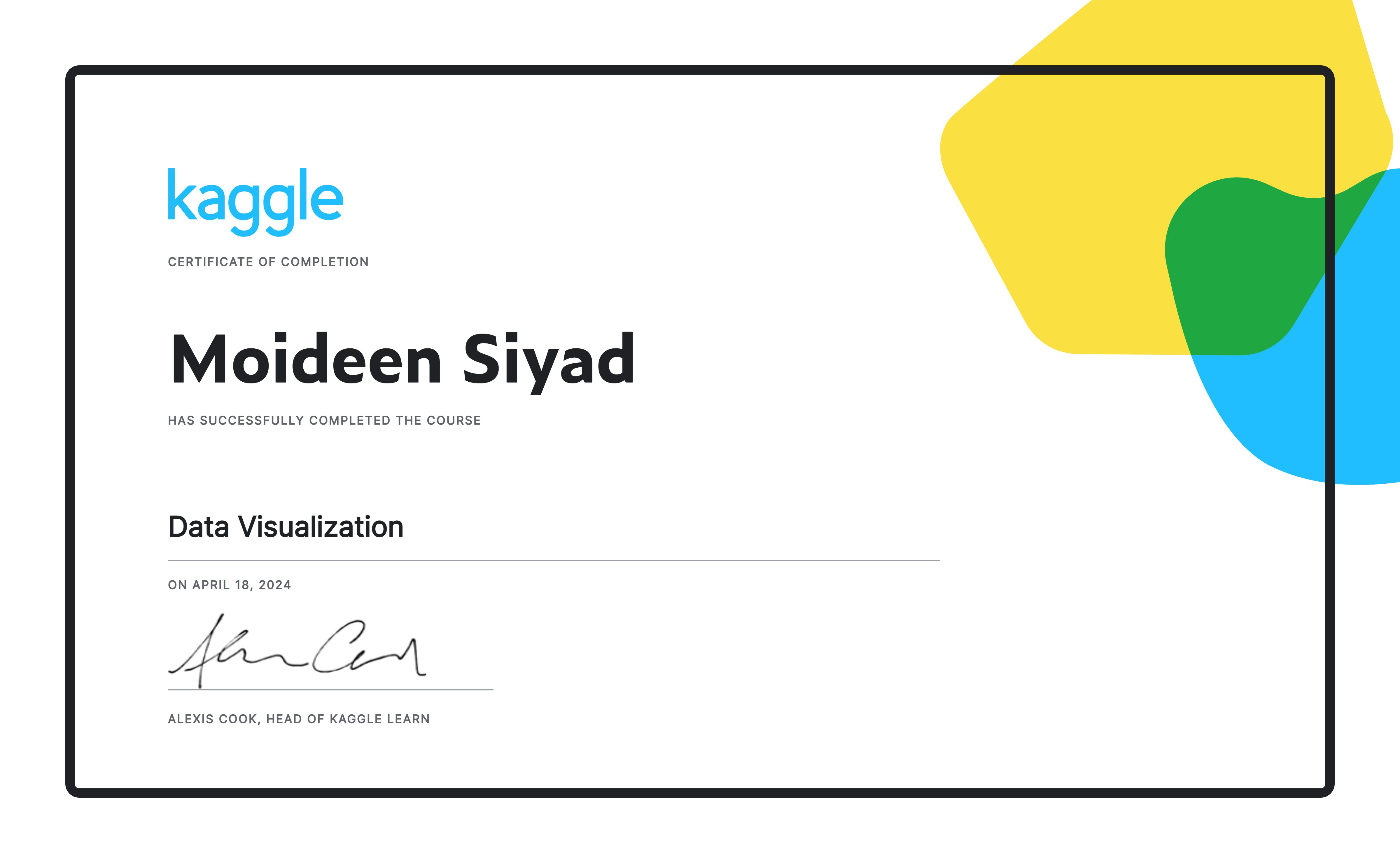 Moideen Siyad completed the Data Visualization course on Kaggle!