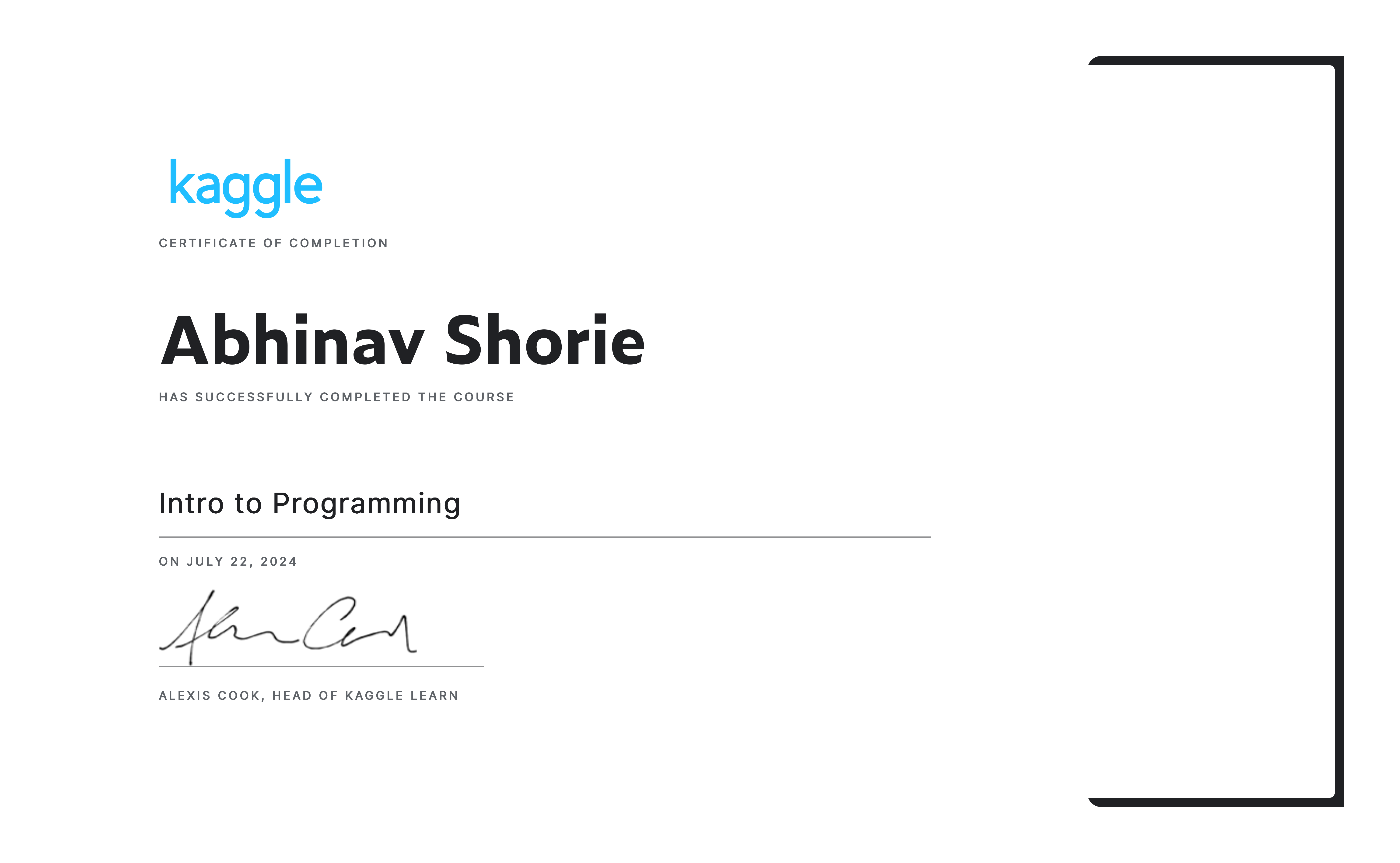 Abhinav Shorie completed the Intro to Programming course on Kaggle!