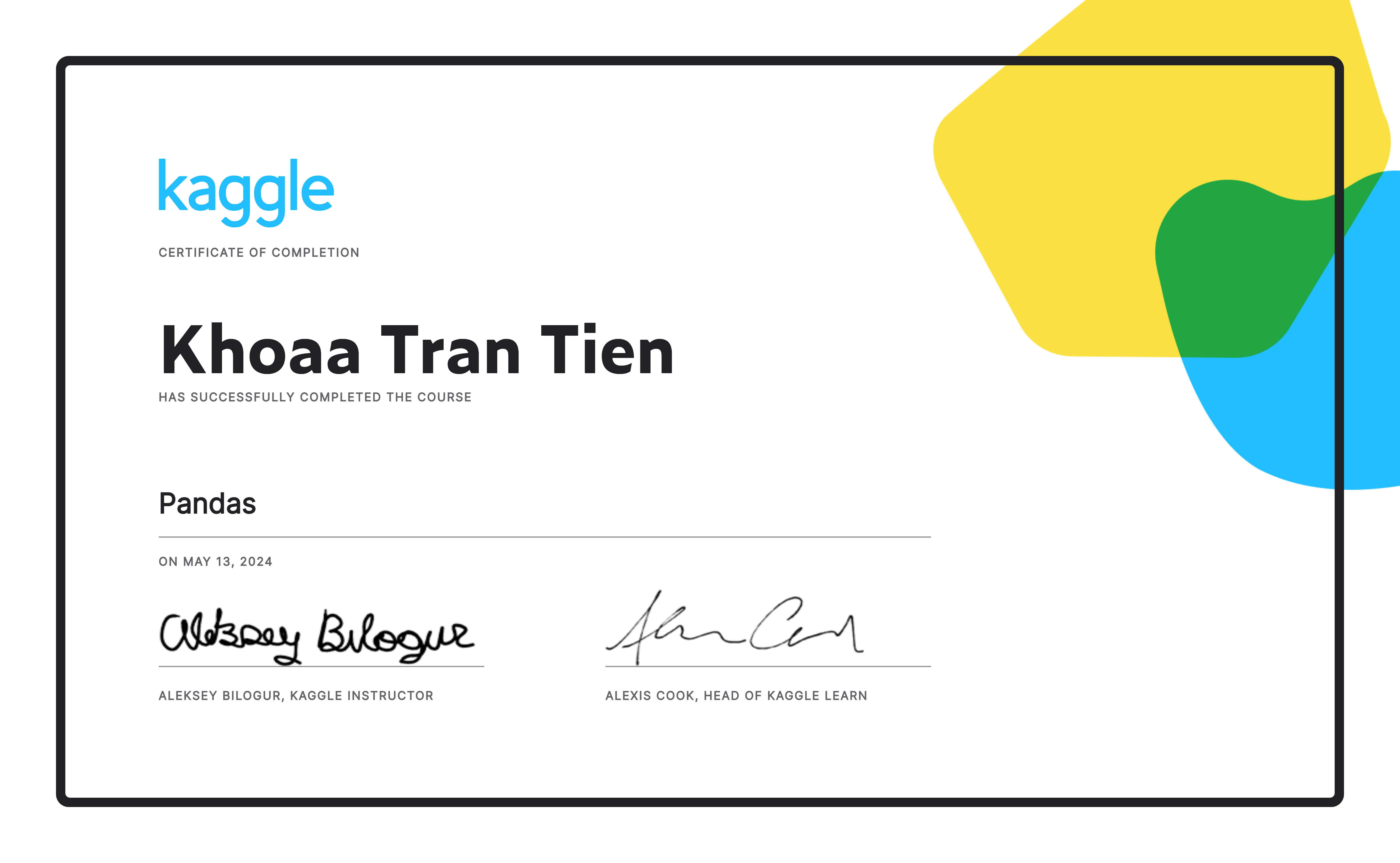 Khoaa Tran Tien completed the Pandas course on Kaggle!